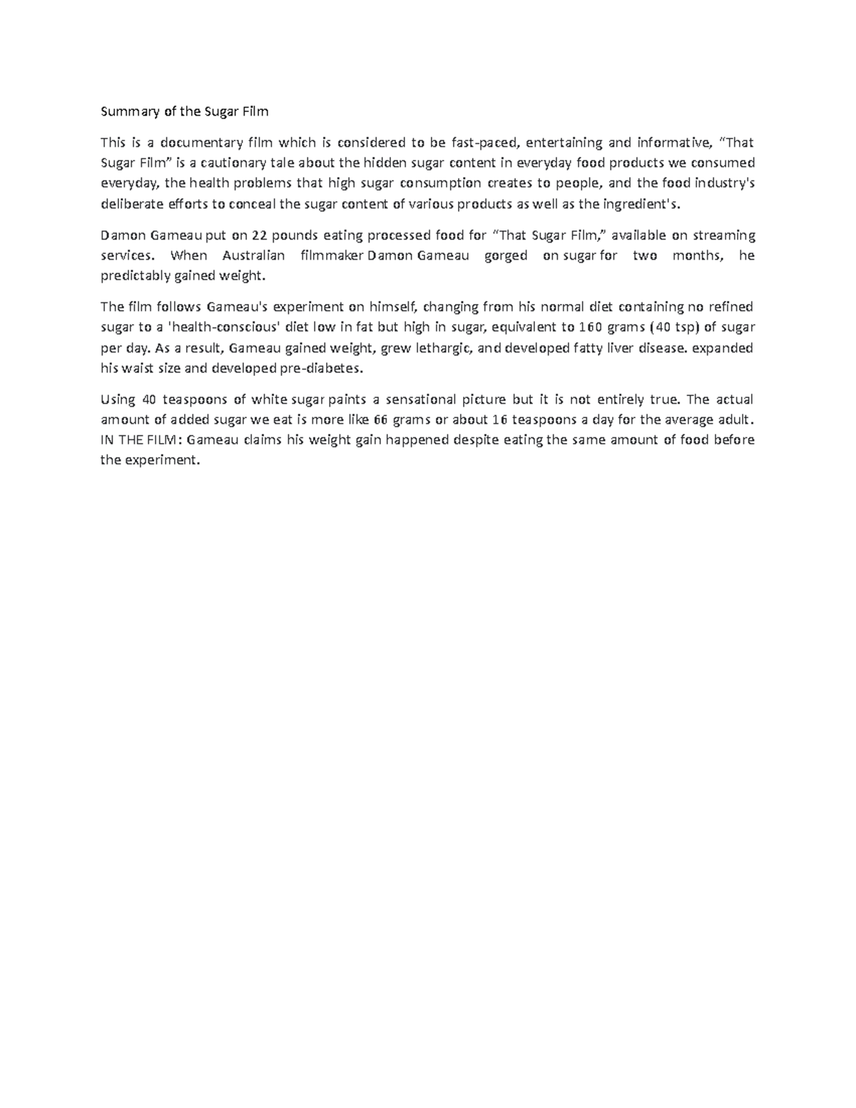 Summary of "That Sugar Film": Health Impact and Experiment Analysis ...