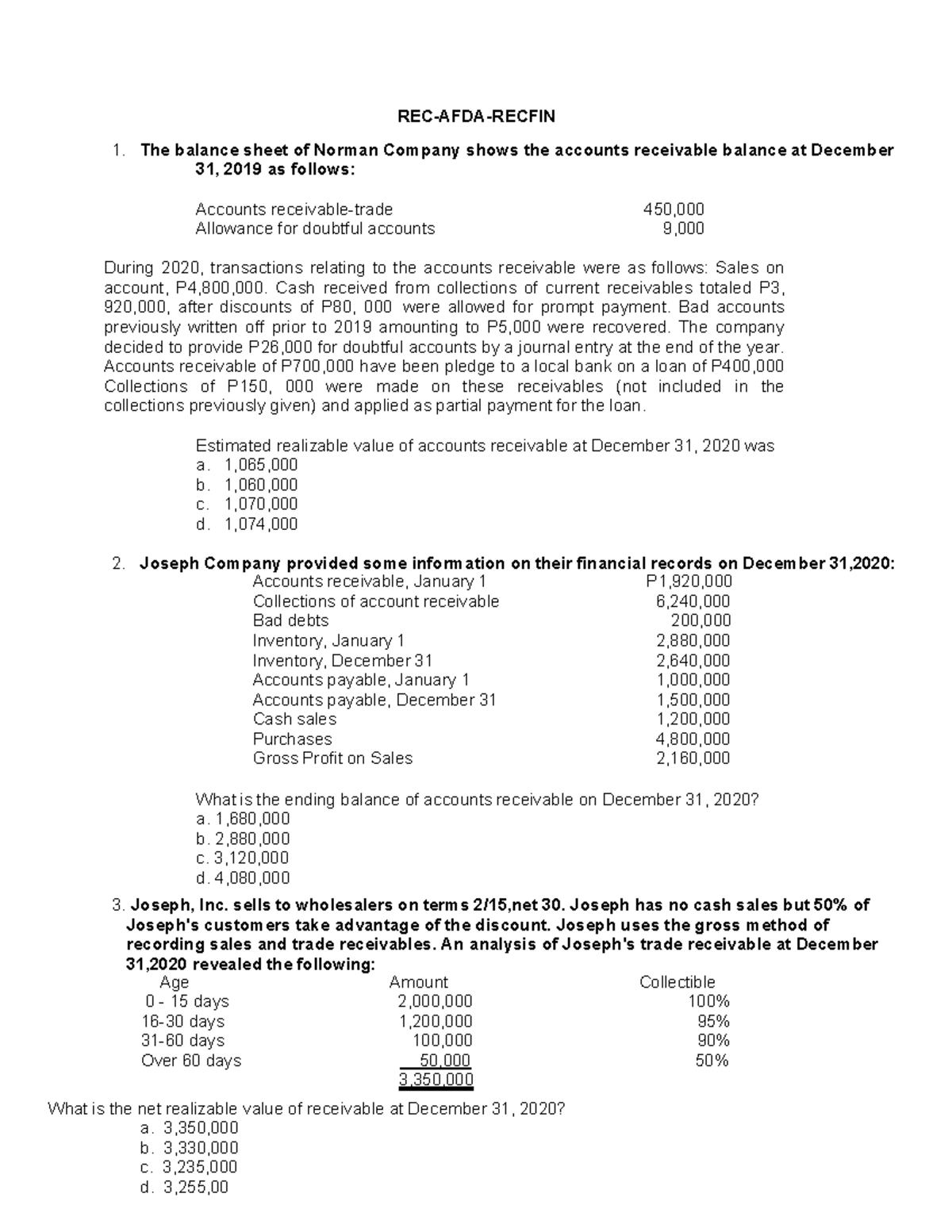 REC - REC-AFDA-RECFIN The balance sheet of Norman Company shows the ...