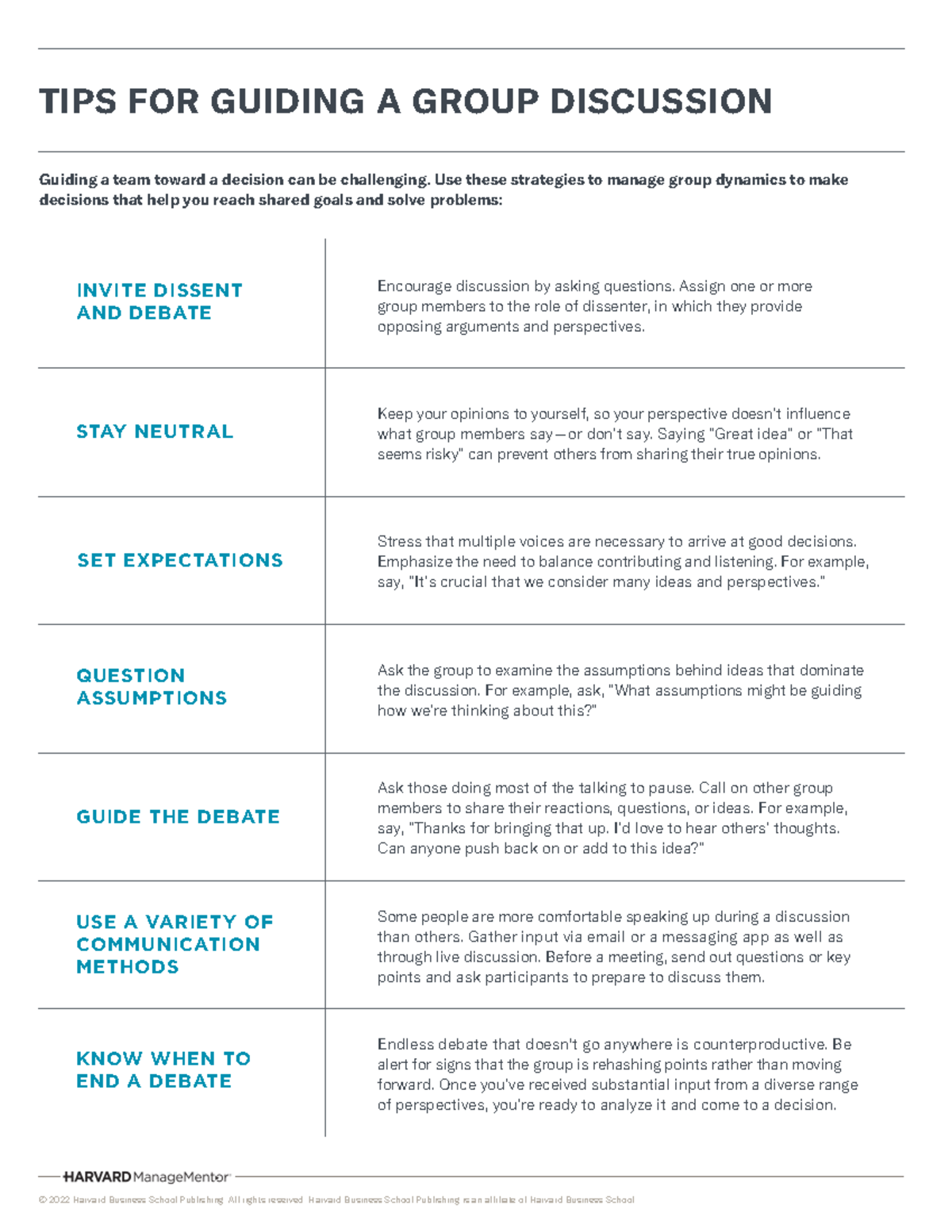 HBR - Tips For Guiding A Group Discussion - Tool - TIPS FOR GUIDING A ...