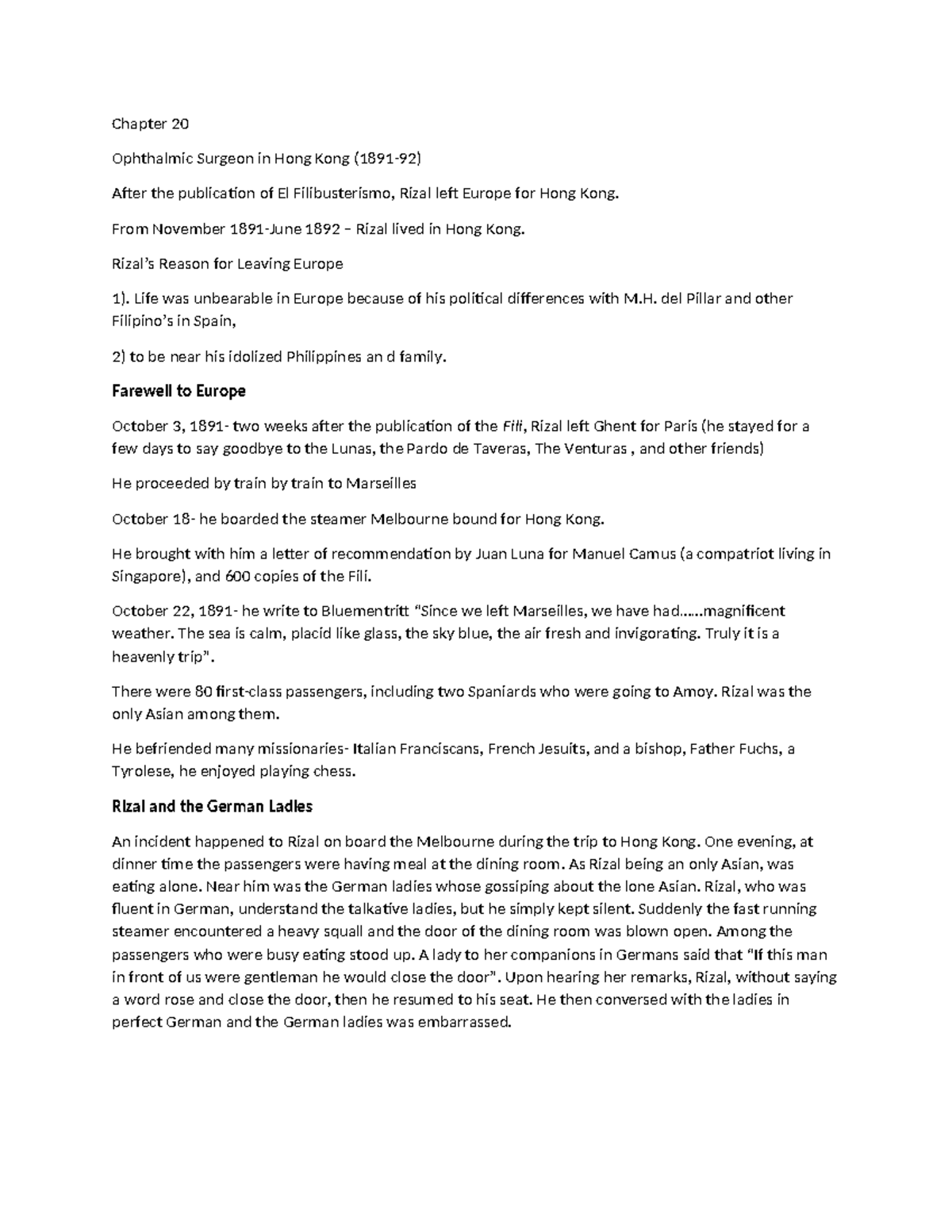 Chapter 20: Rizal's Journey as an Ophthalmic Surgeon in Hong Kong (1891-92) - Studocu