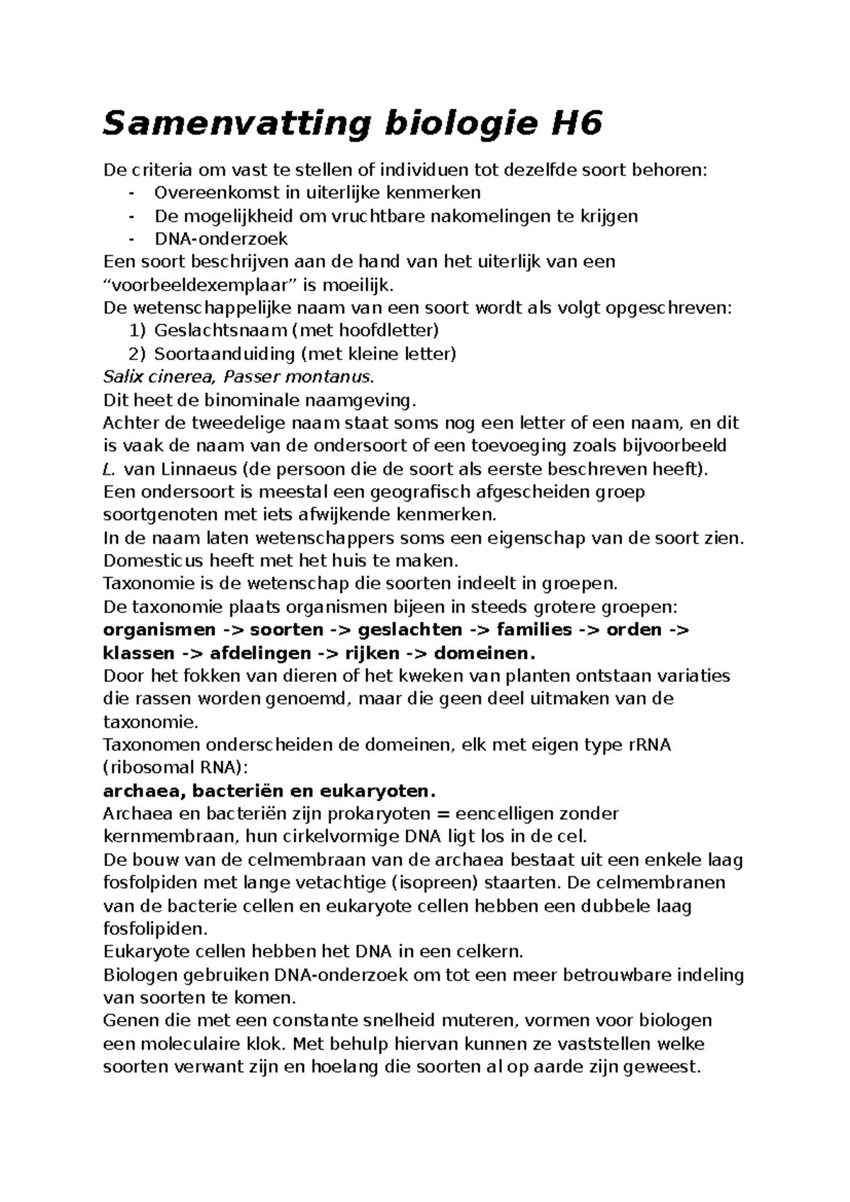 Biologie Samenvatting H6: Soorten en Taxonomie Overzicht - Studeersnel