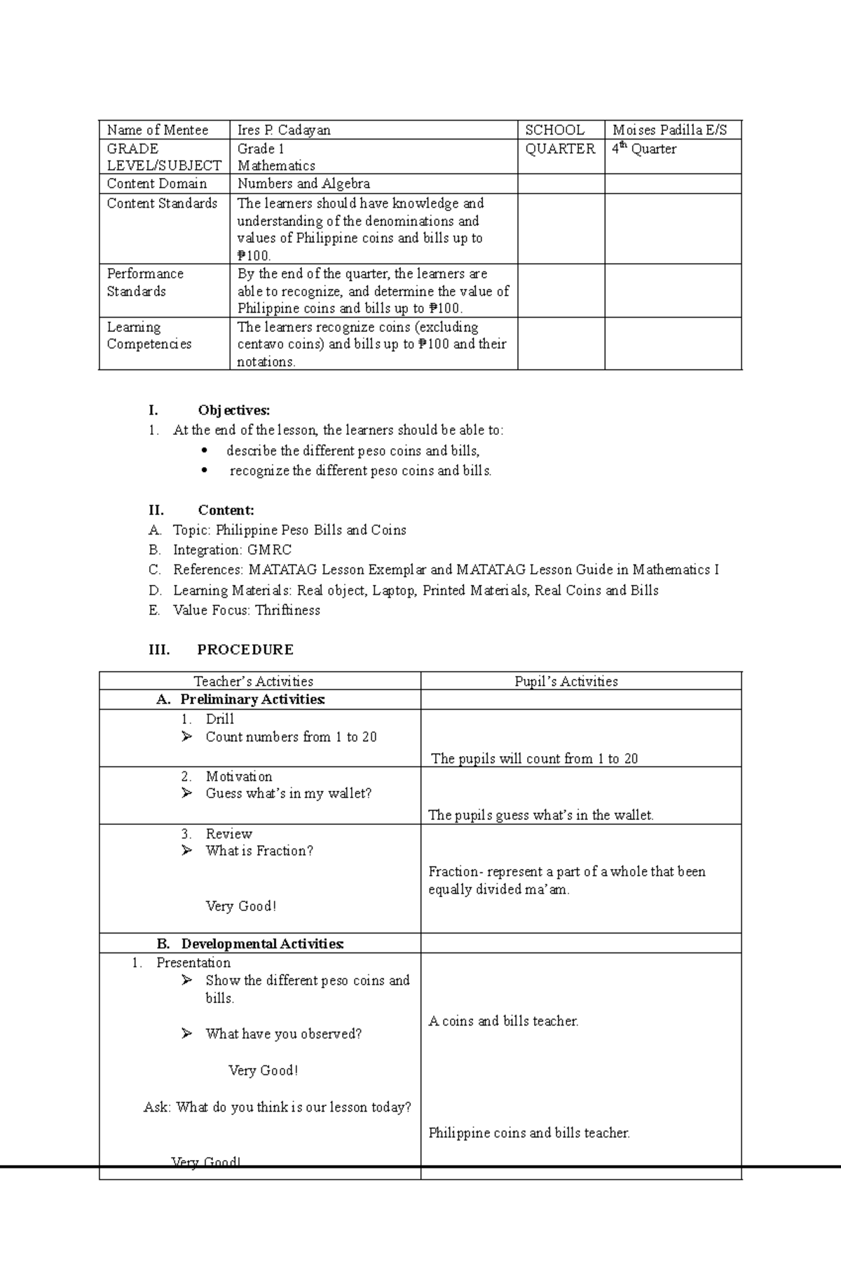 Lesson Plan in Math (Grade 1): Understanding Philippine Coins & Bills ...