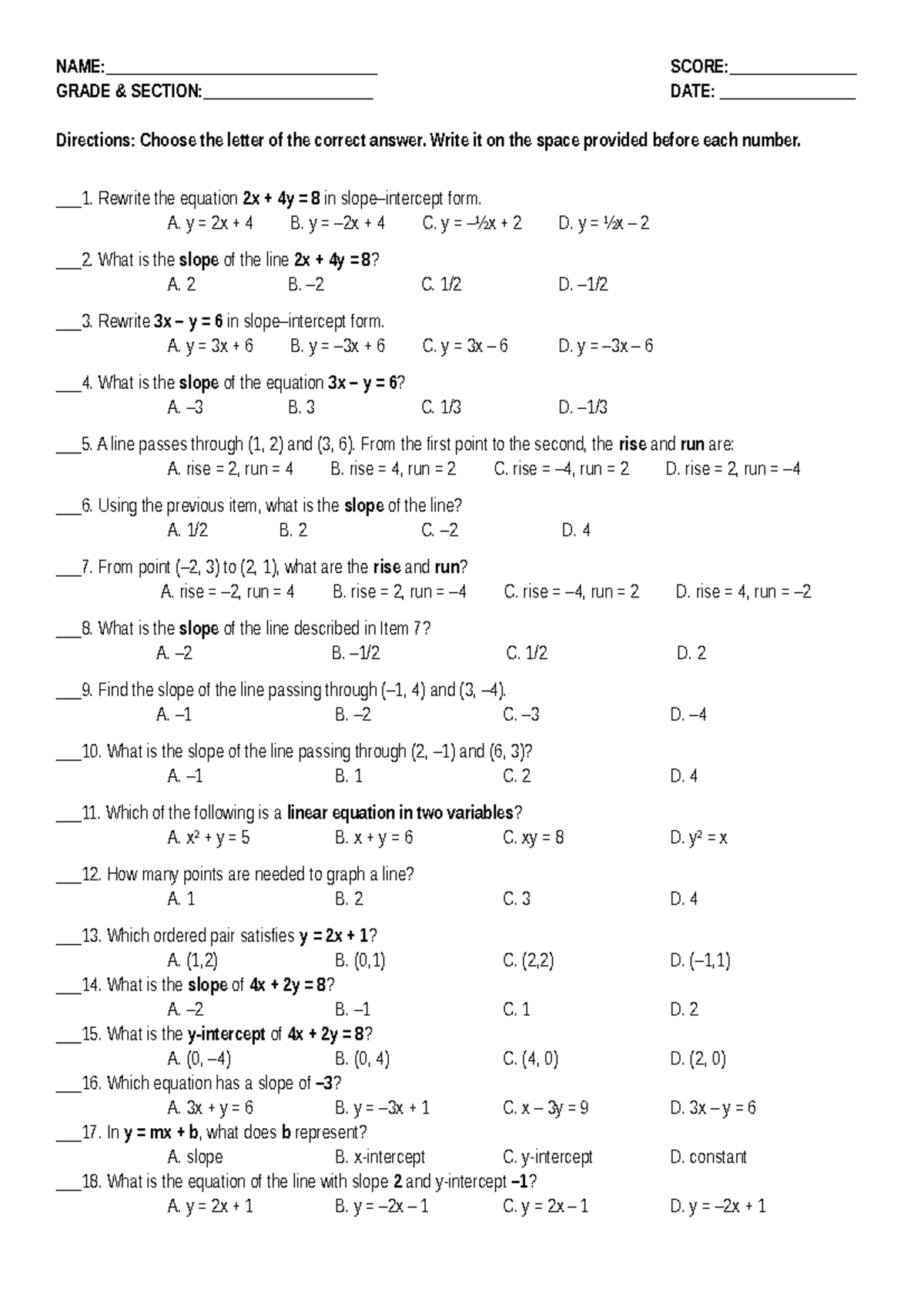 SUM3 - Copy - SUMMATIVE: Slope and Linear Equations Practice - Studocu