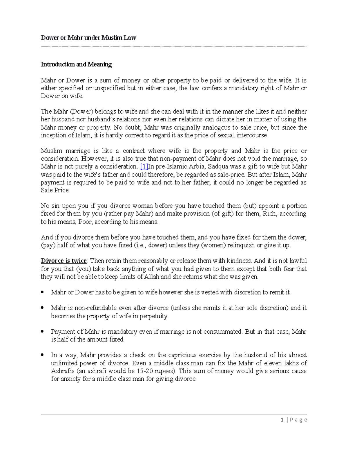 Muslim Law Notes II - Dower or Mahr under Muslim Law Introduction and ...