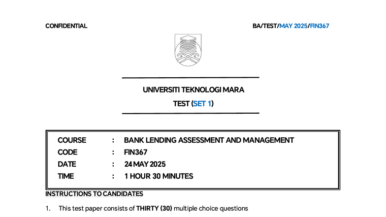FIN367 Midterm Test Set 1: Bank Lending Assessment & Management - Studocu