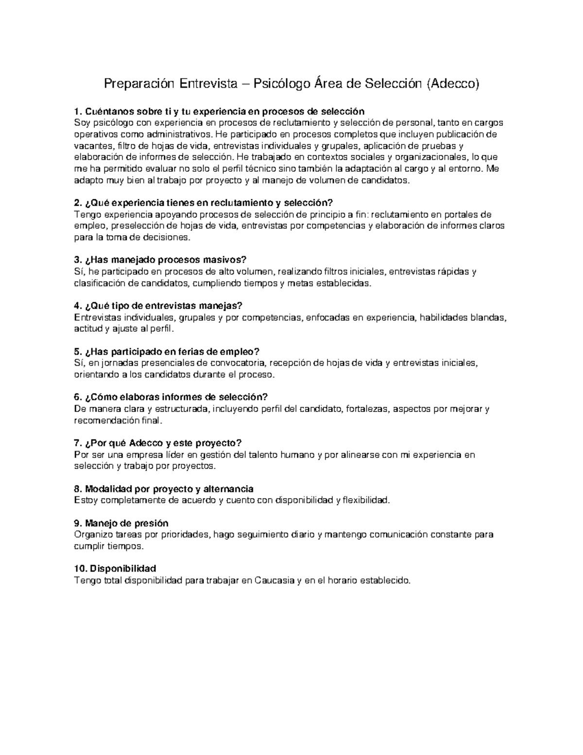Preparación Entrevista Psicólogo Selección (Adecco) - Studocu