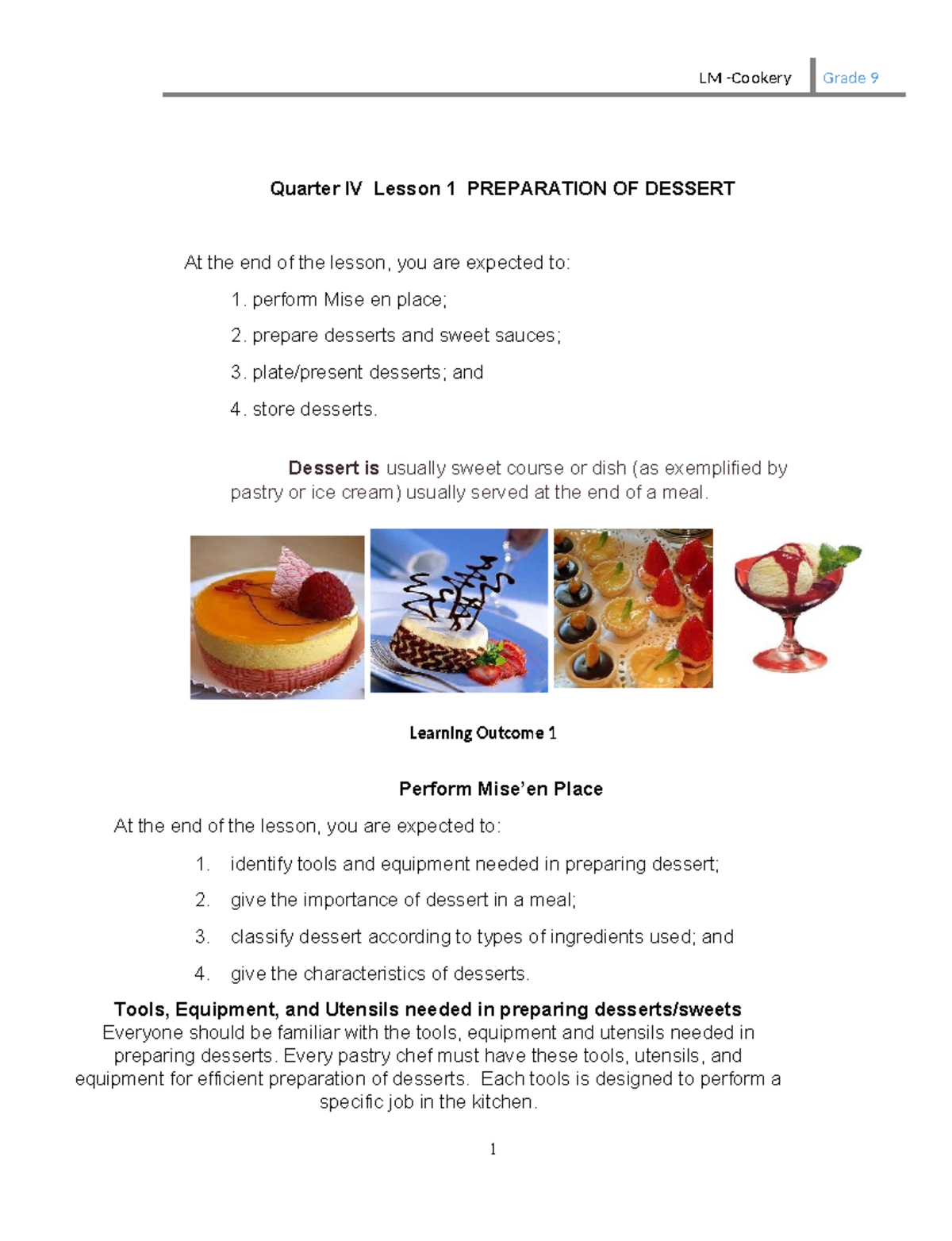 Quarter IV Lesson 1: Dessert Preparation Techniques (TLE 9) - Studocu