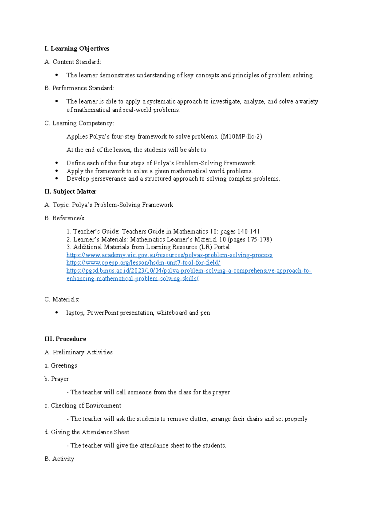Mathematics 10: Sample Lesson Plan on Problem Solving Framework - Studocu