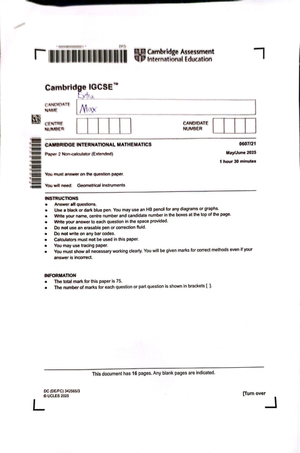 Cambridge IGCSE Mathematics 0607 Paper 2 (Extended) 2025 - Answer Key ...