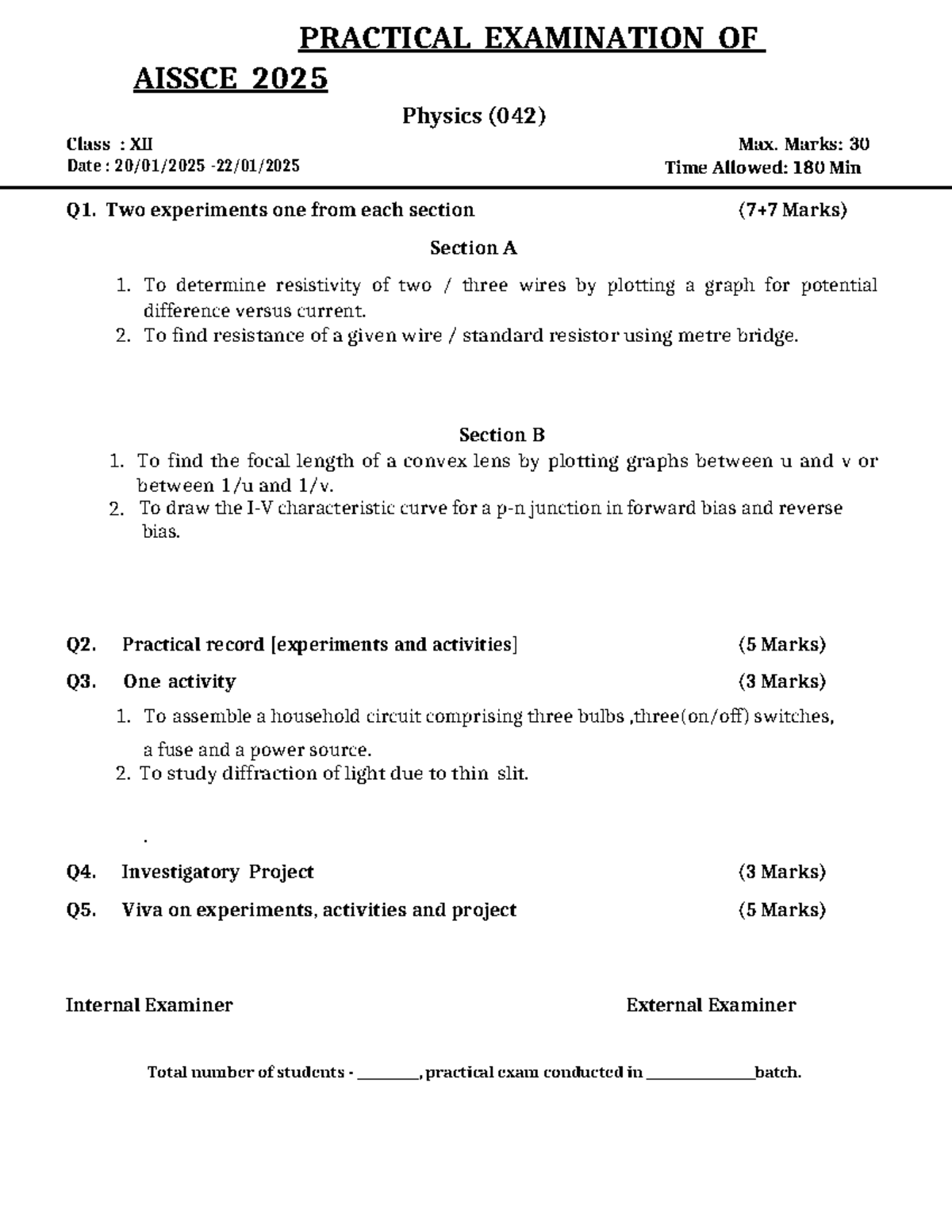 AISSCE 2025 Physics (042) Class XII Practical Examination Paper - Studocu