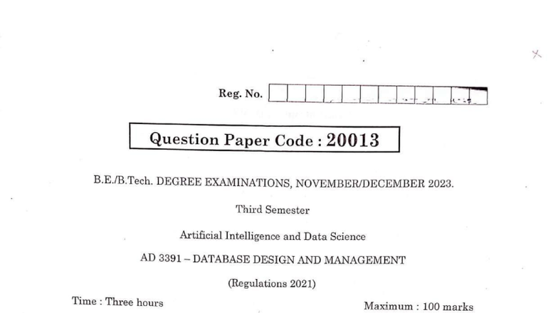 Database Design and Management - AD3391 2021 Regulation - Question ...