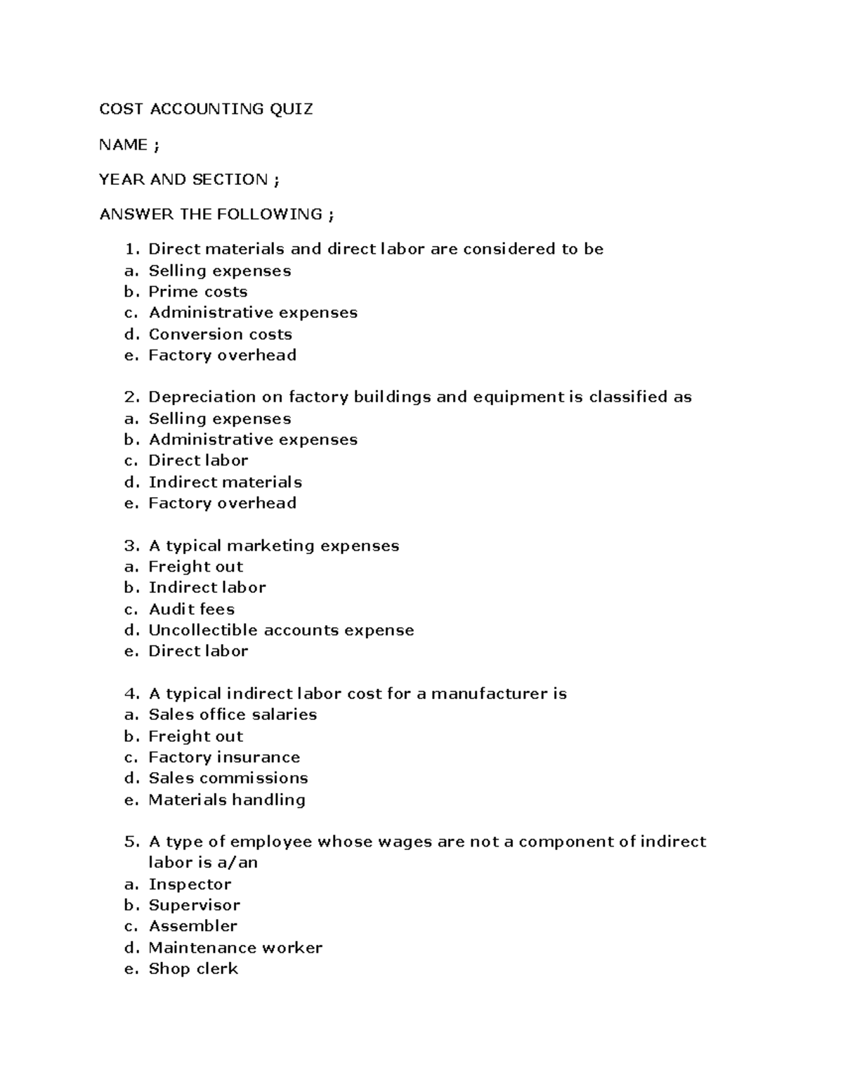 COST ACCOUNTING QUIZ: Essential Concepts and Applications - Studocu