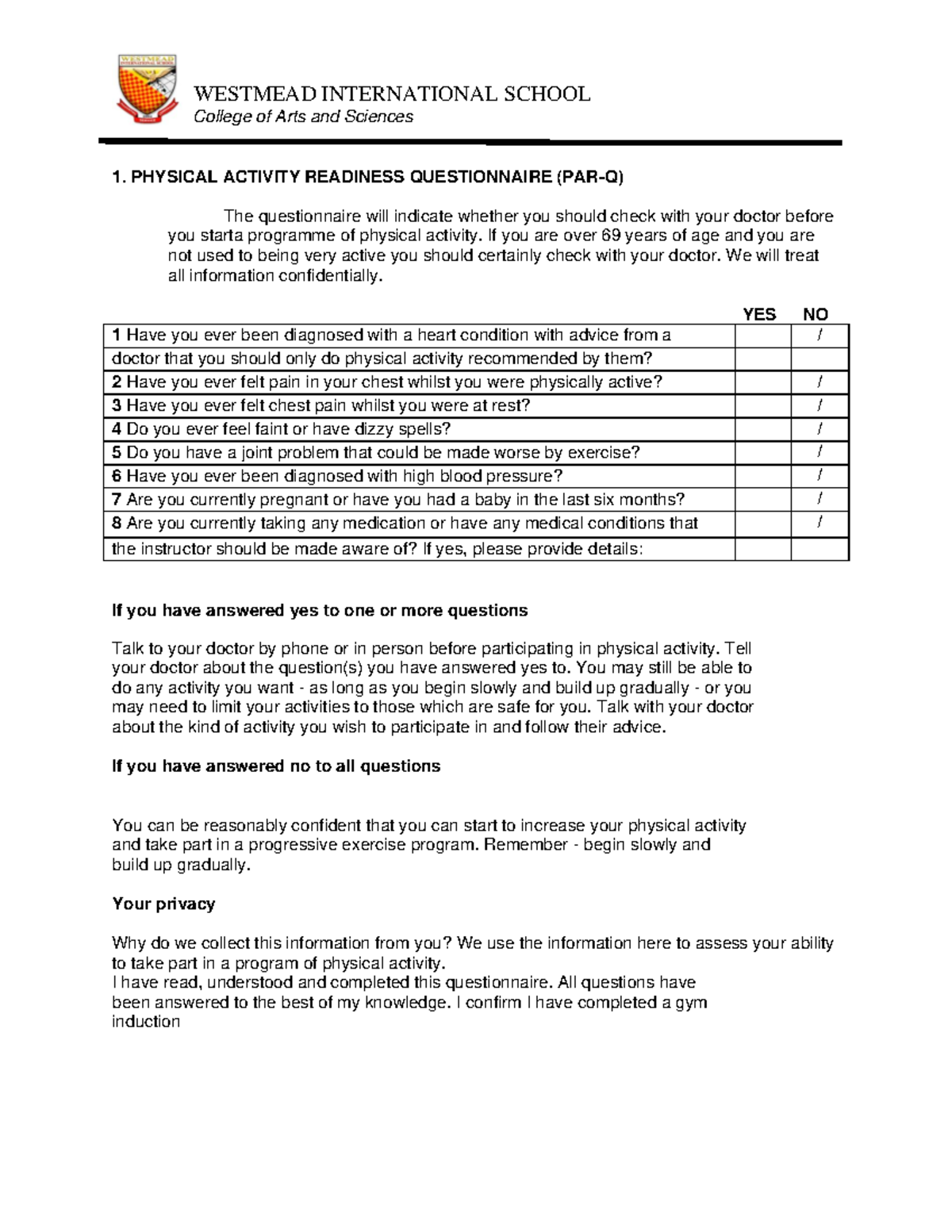 Physical Activity Readiness Questionnaire (PAR-Q) - WESTMEAD ...