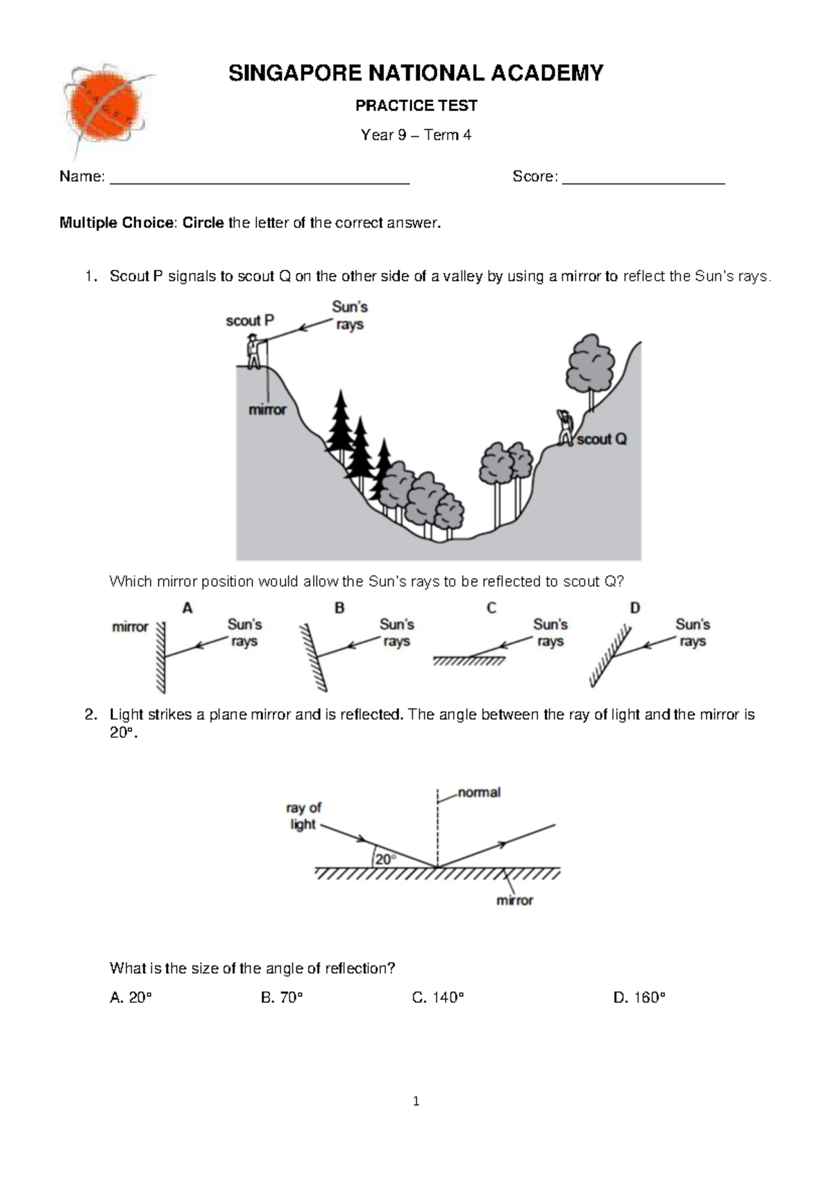 903401582 Year 9 Term 4 Practice Test on Wave Reflection & Refraction ...
