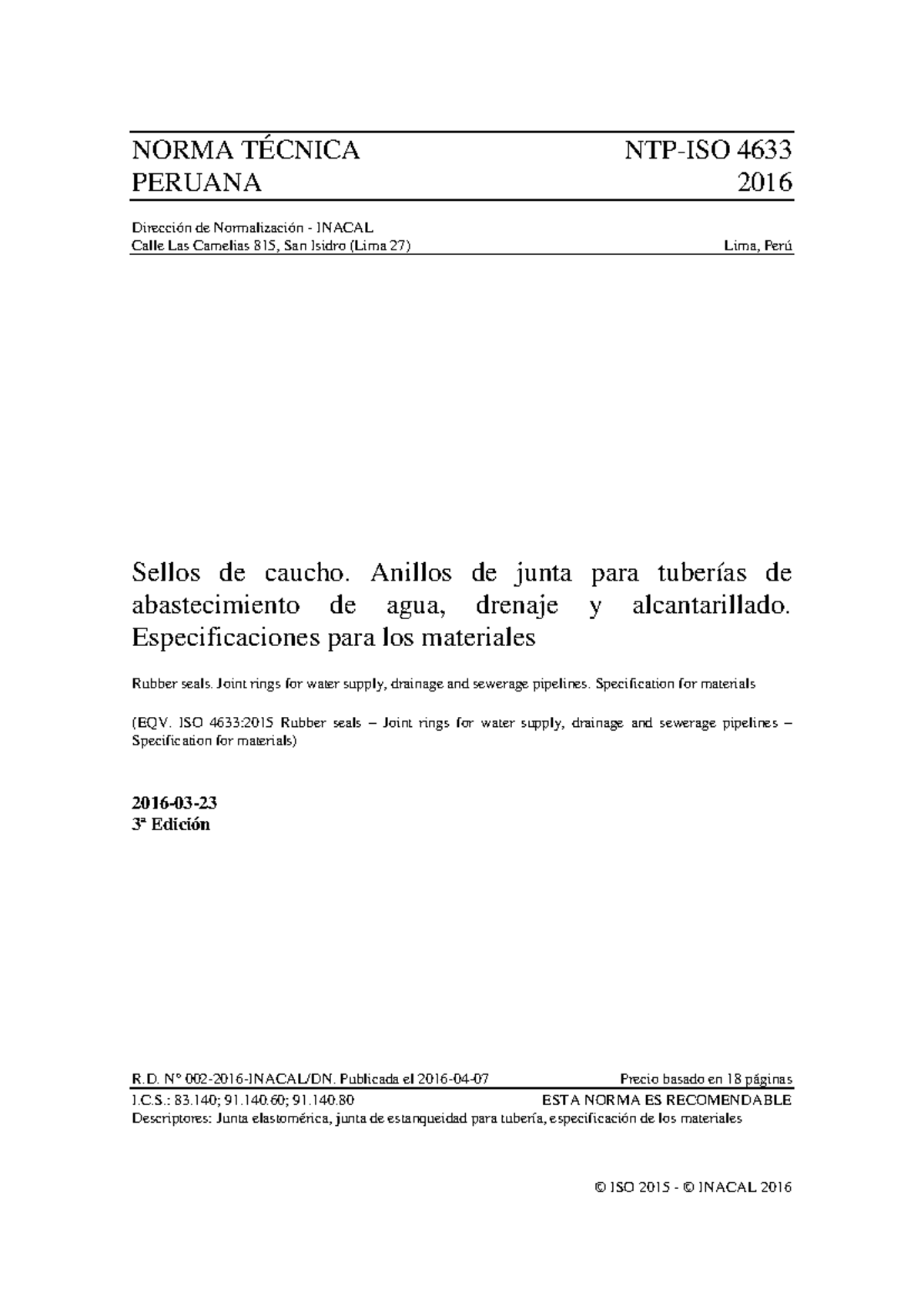 NTP-ISO 4633: 3ª Edición - Anillos de Caucho para Tuberías 2016 - Studocu