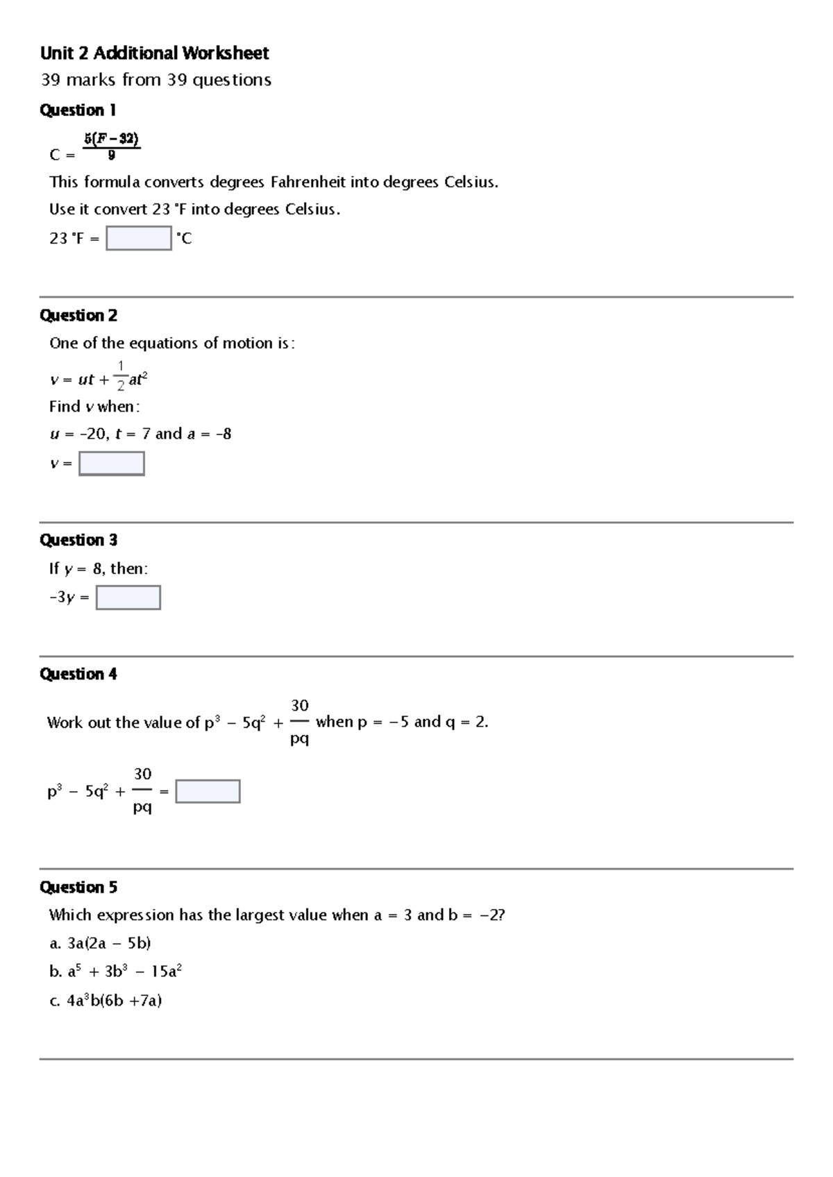 Unit 2 Additional Worksheet: Math Problems & Solutions - Studocu