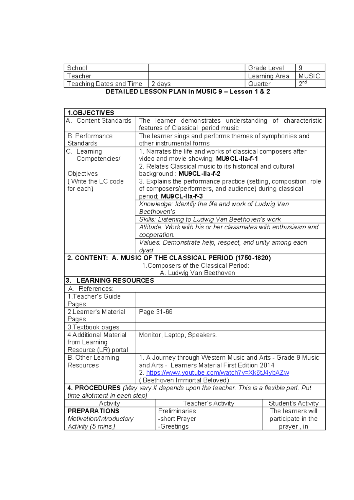 MUSIC 9 Lesson Plan: Exploring Classical Music in Quarter 2 - Studocu