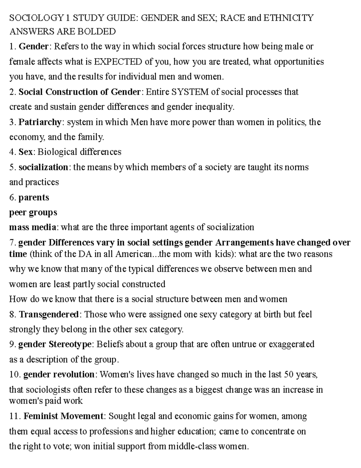 Gender and Sex; Race and Ethnicity - SOCIOLOGY 1 STUDY GUIDE: GENDER ...