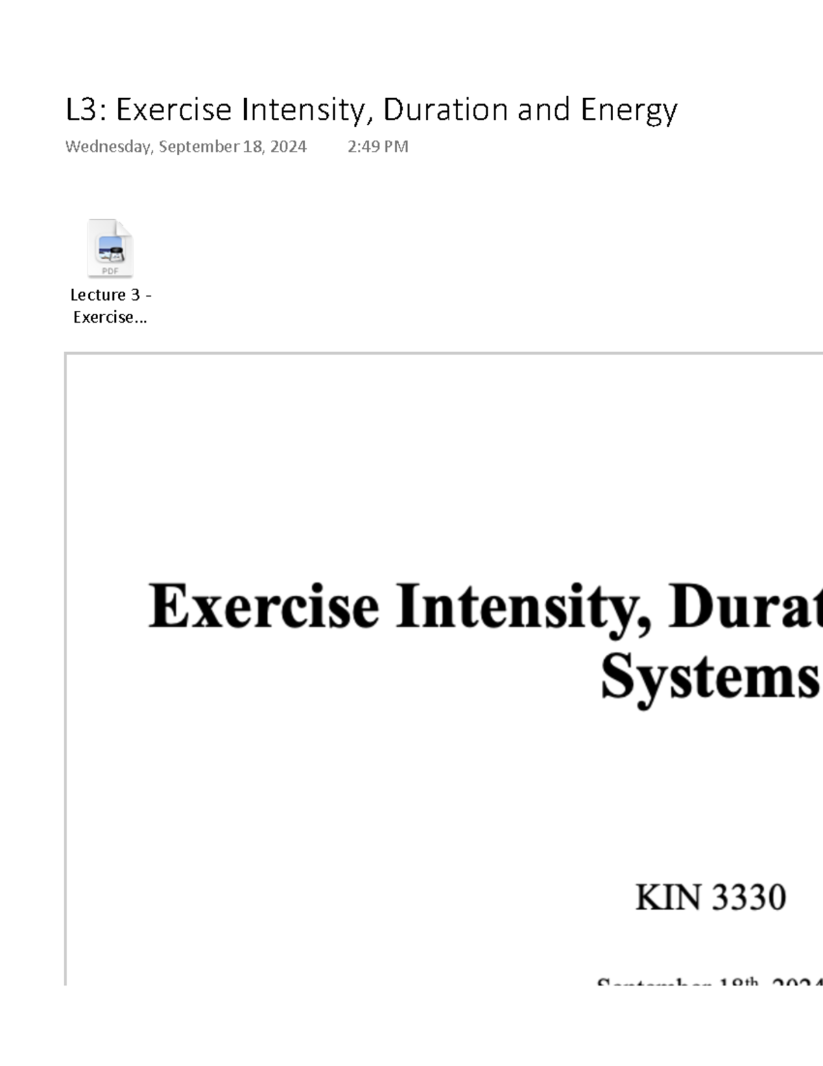 L3 Exercise Intensity, Duration and Energy - Lecture 3 - Exercise... L3 ...