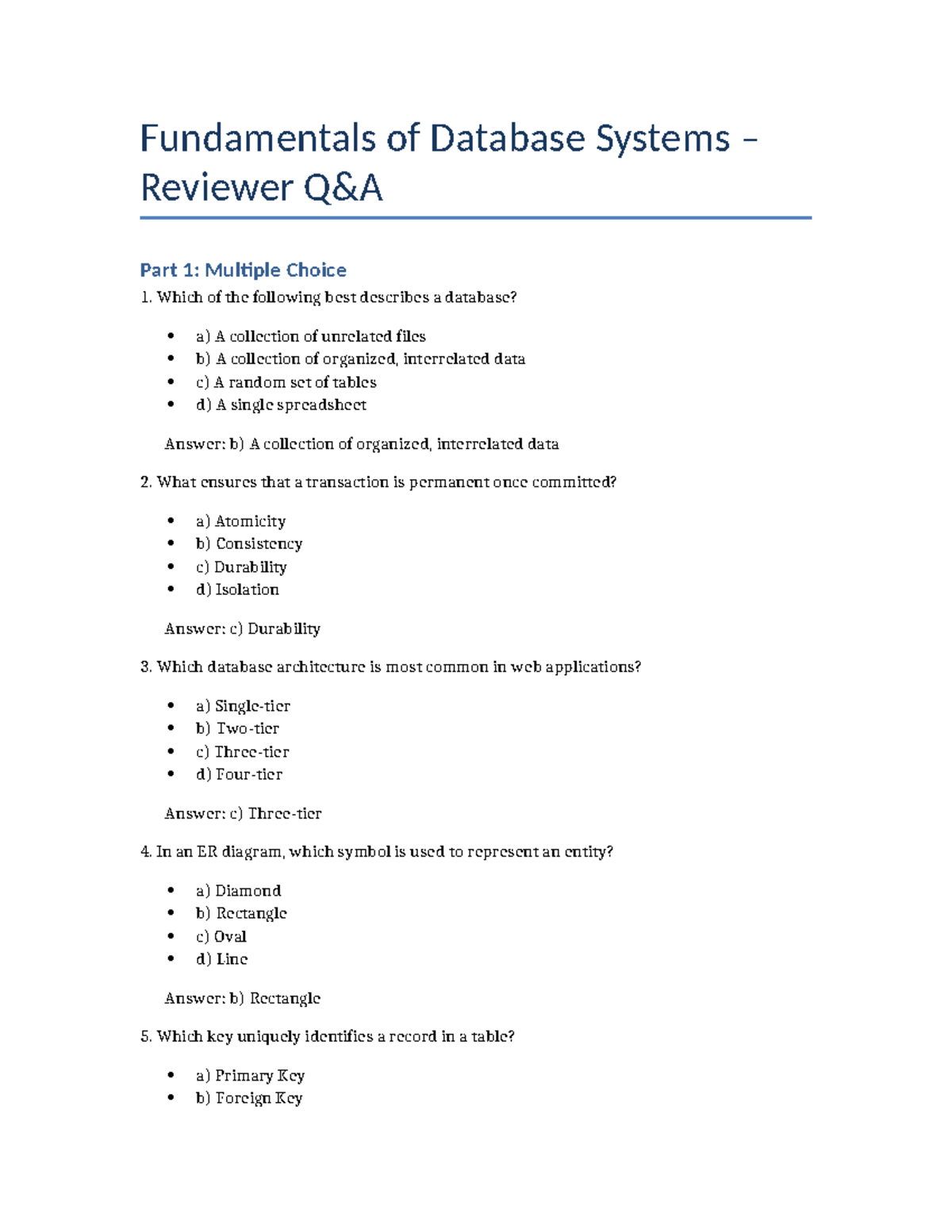 DBS 101: Fundamentals of Database Systems Reviewer Part 1 & QA - Studocu