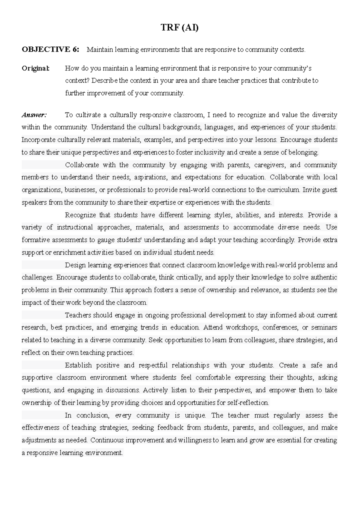 TRF(AI) - Sample Reflection Form for Professional Teacher Development ...