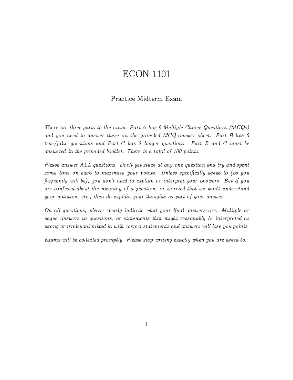 ECON 1101 Practice Midterm Exam: Structure & Key Concepts Overview ...