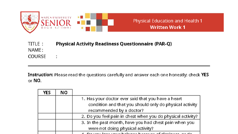 PE01 Written Work 1: Physical Activity Readiness Questionnaire (PARQ ...