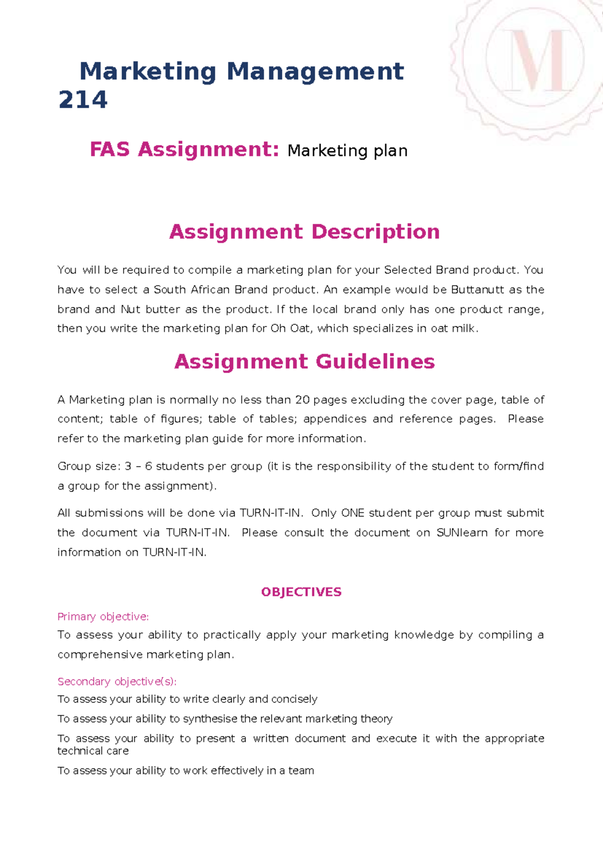 Marketing Management 214 FAS Assignment: Marketing Plan Guide 2024 ...