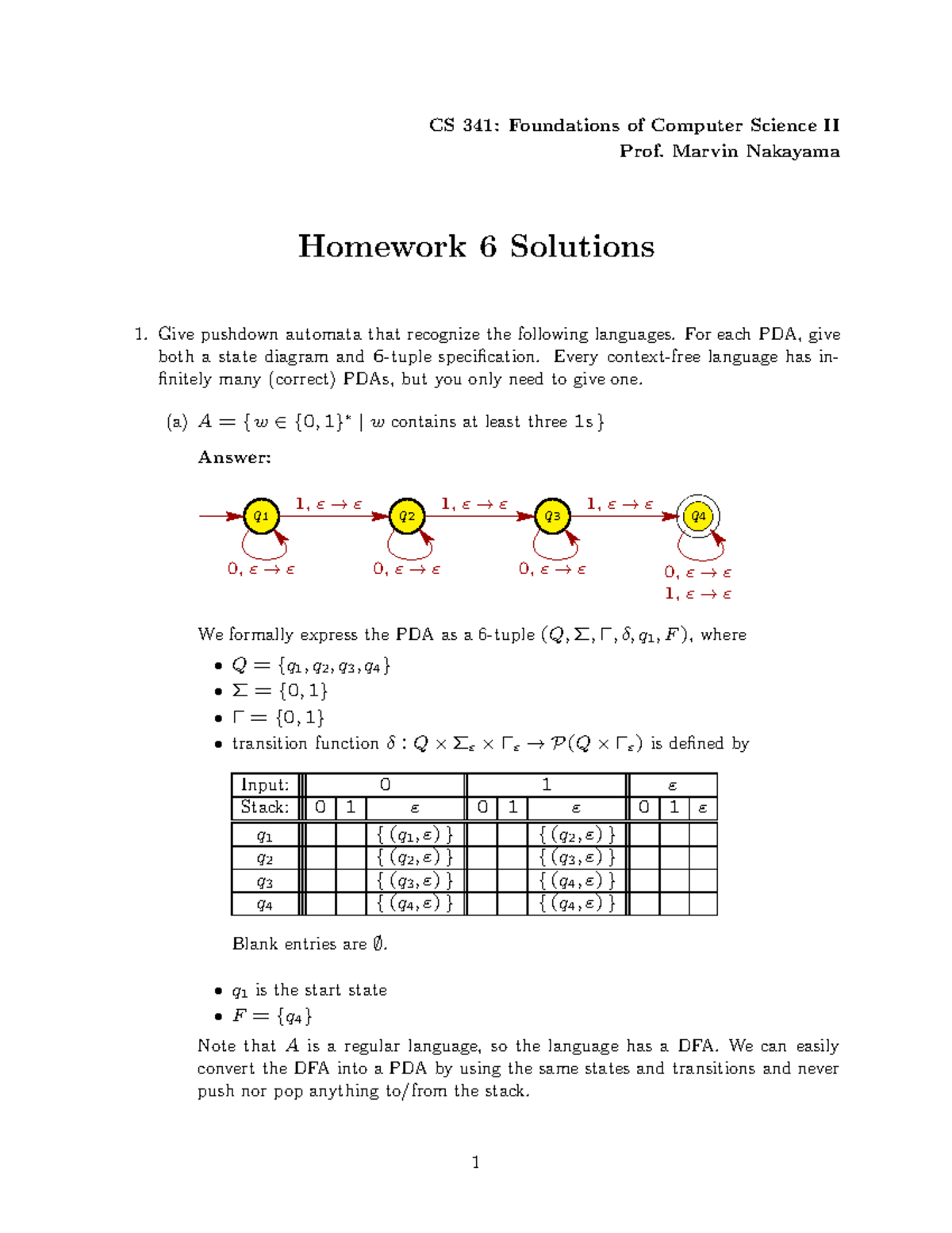 CS 341: Homework 6 Solutions on PDA Recognitions and Languages - Studocu