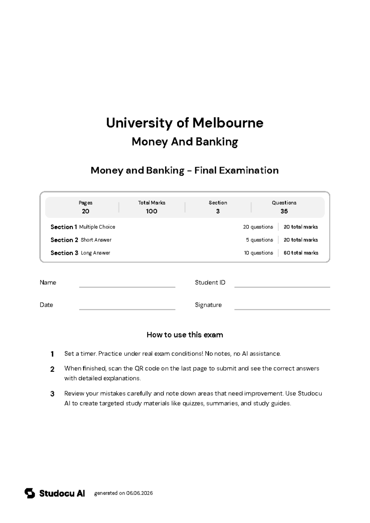Money and Banking - Final Examination - Studocu