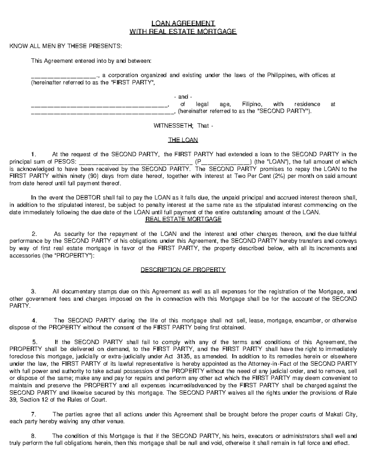 Loan Agreement and Real Estate Mortgage Document Template - Studocu