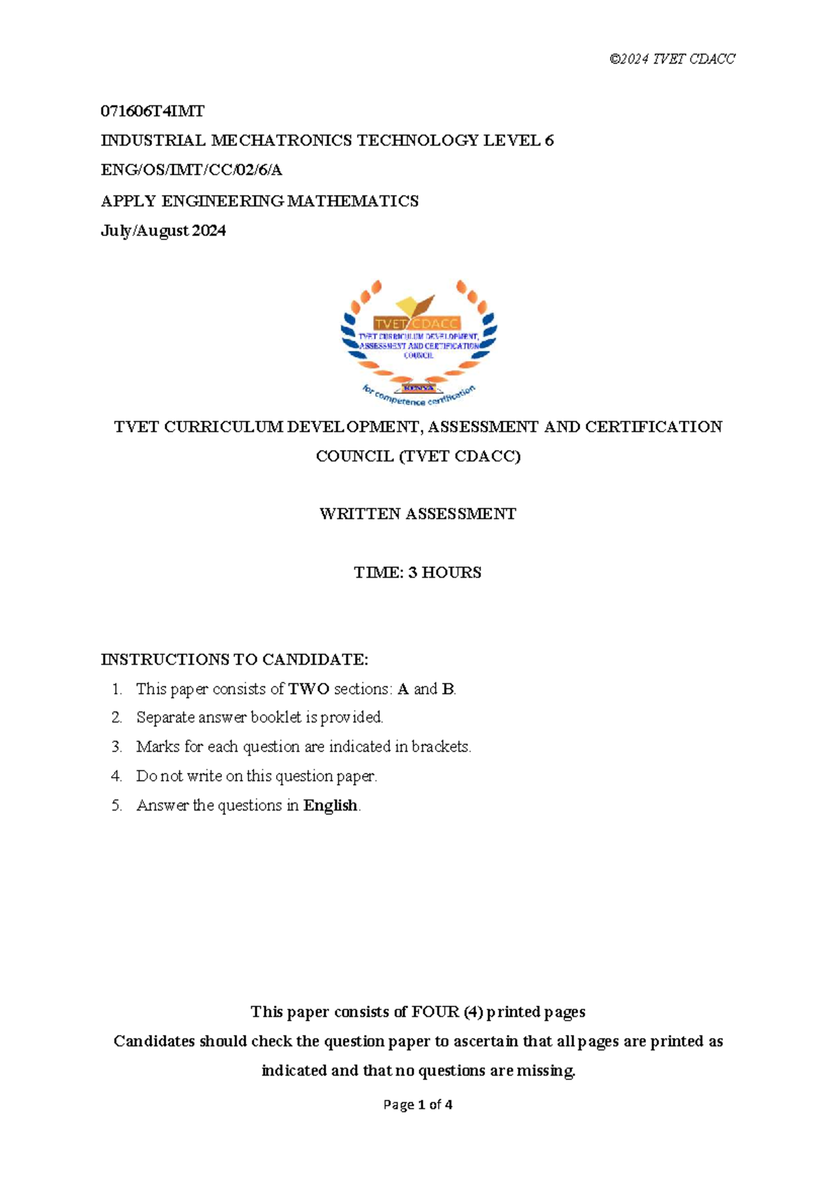 TVET CDACC 071606T4IMT Level 6 Engineering Mathematics Exam 2024 - Studocu