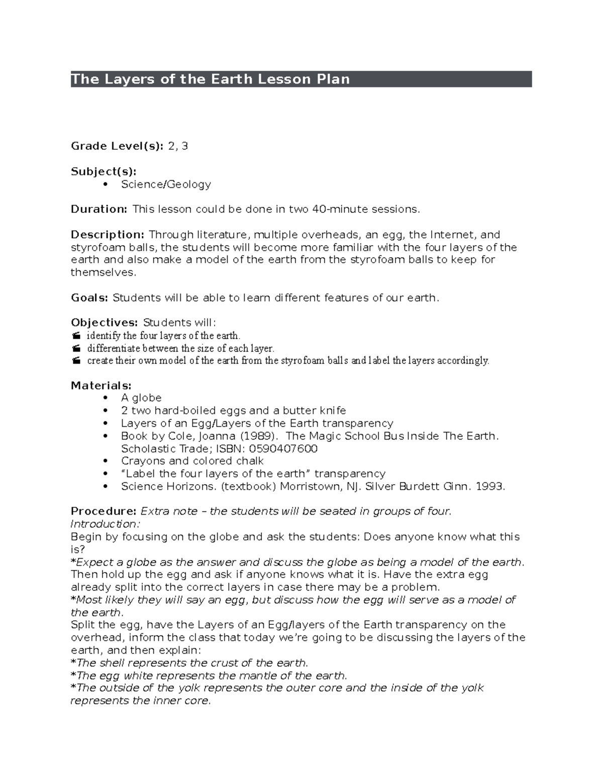 The Layers of the Earth Lesson Plan - Description: Through literature ...
