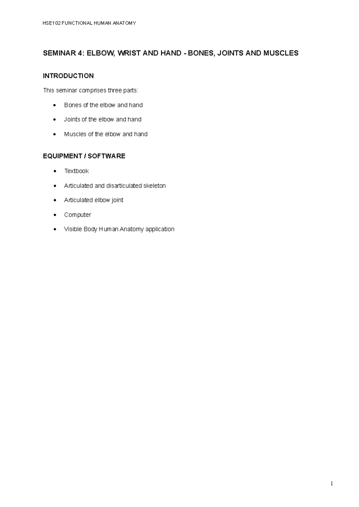 HSE102 Functional Human Anatomy Seminar 4: Elbow, Wrist & Hand Notes ...