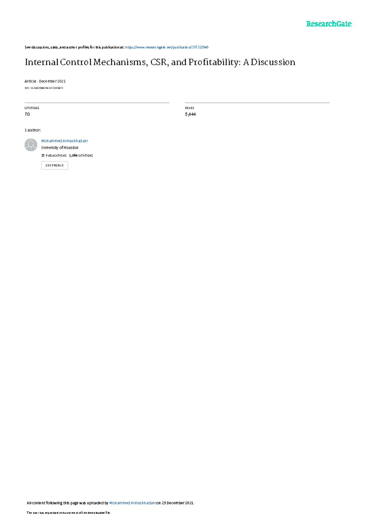 Internal Control Mechanisms, CSR, and Profitability: A Discussion (IJBMI) - Studocu