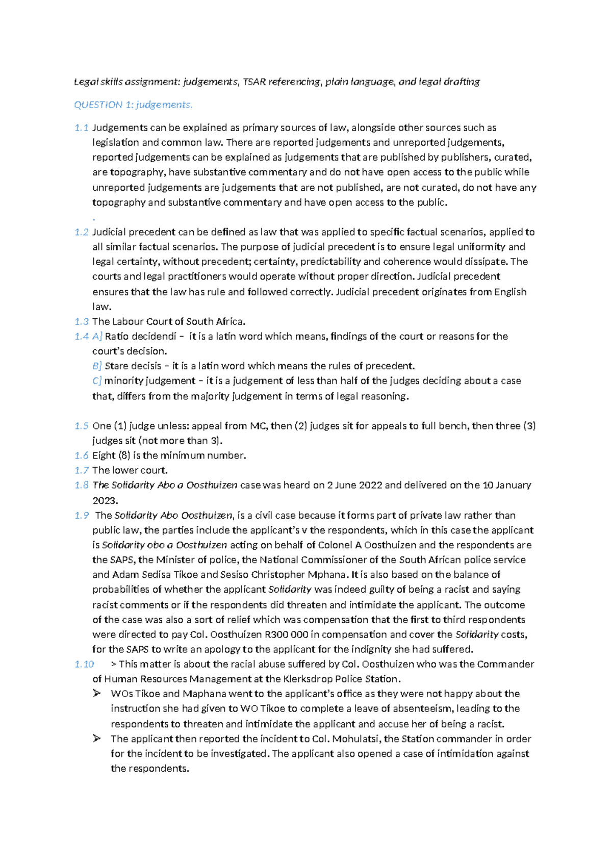 Legal Skills Assignment: Judgements, Drafting & TSAR Referencing - Studocu