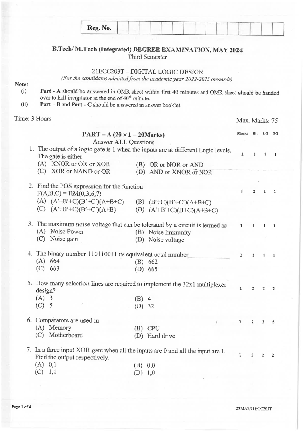 21ECC203T Digital Logic Design Exam Paper - May 2024 - Studocu