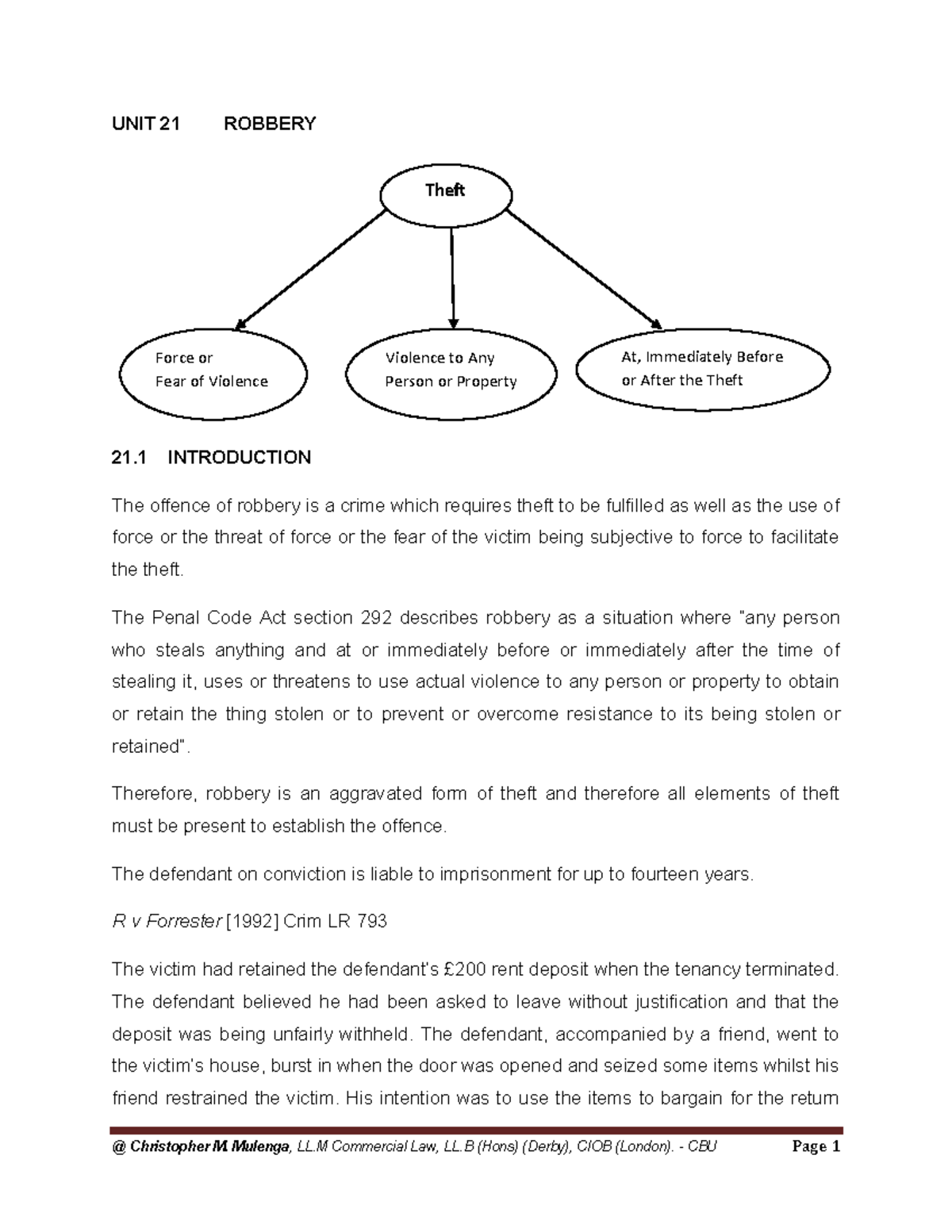 Criminal Law UNIT 21: Understanding Robbery and Its Elements - Studocu