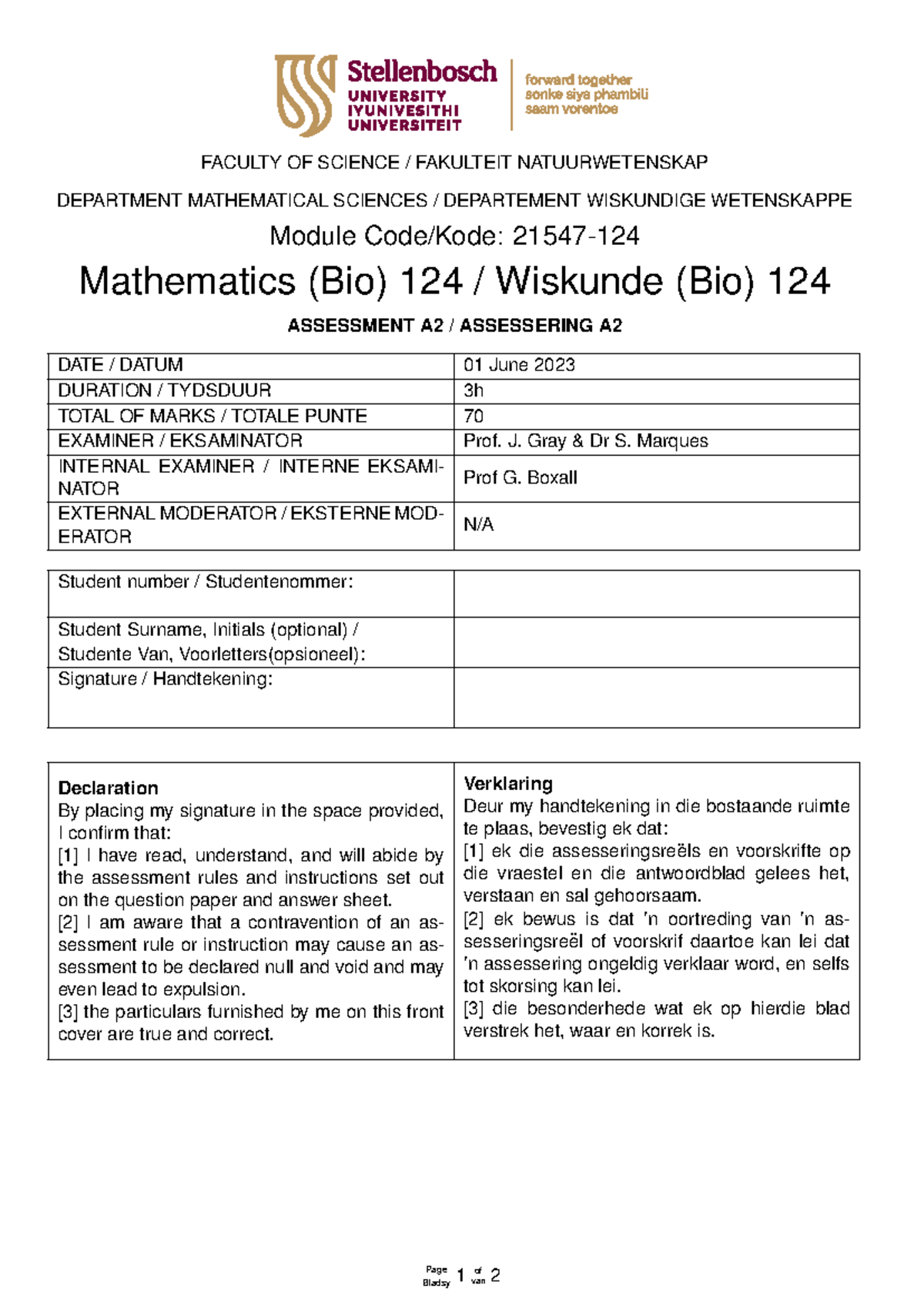 A2 2023 Assessment - Mathematics (Bio) 124 Exam Guide - Studocu