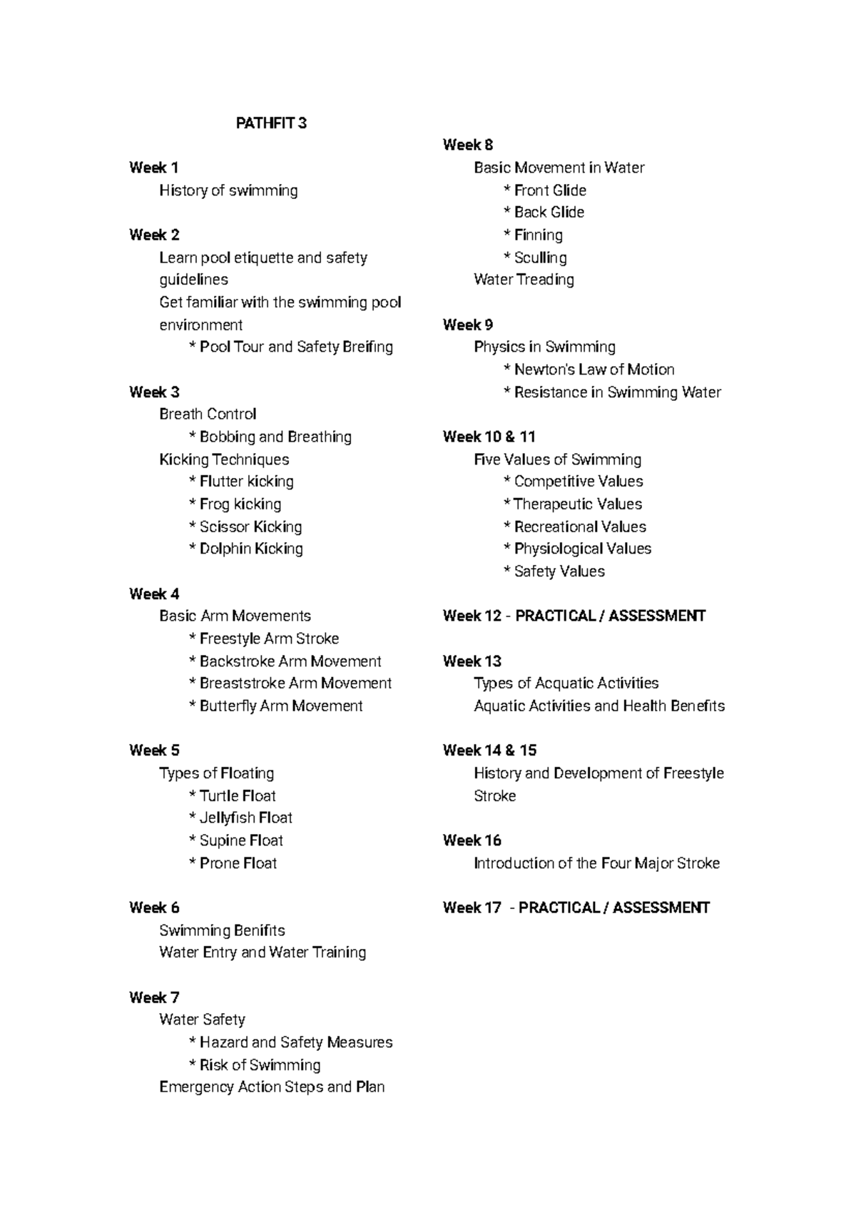 PATHFIT 3 Course Outline: Swimming Techniques & Safety Guidelines - Studocu