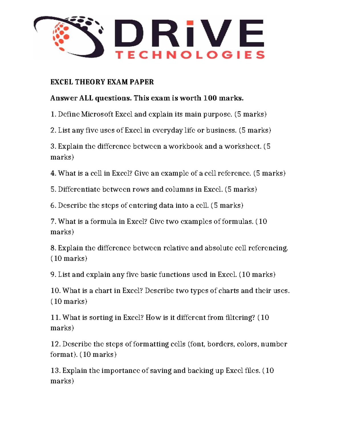EXCEL 101: Theory Exam Paper - Answer All Questions - Studocu