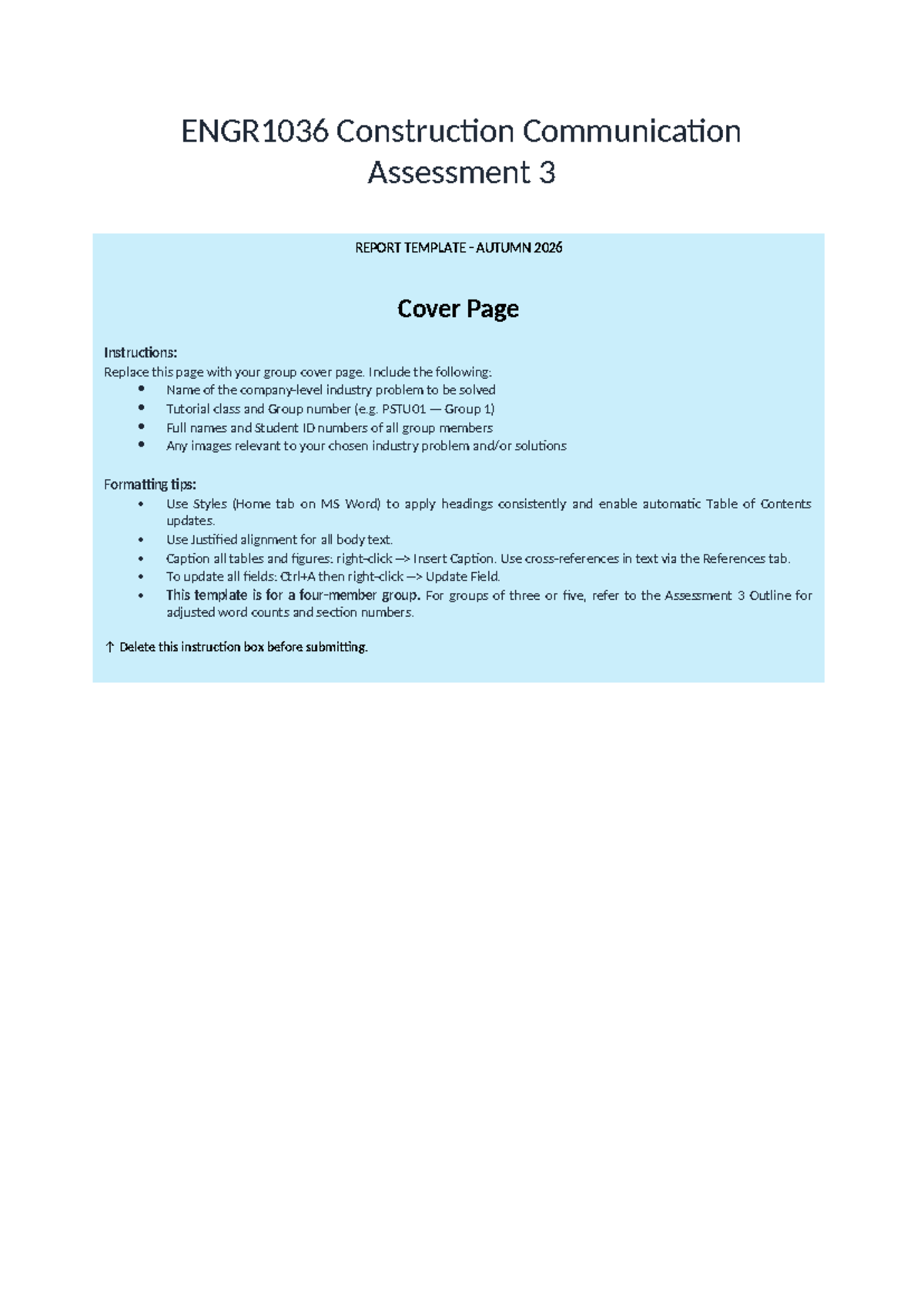 ENGR1036 Construction Communication Assessment 3 Group Report Template ...