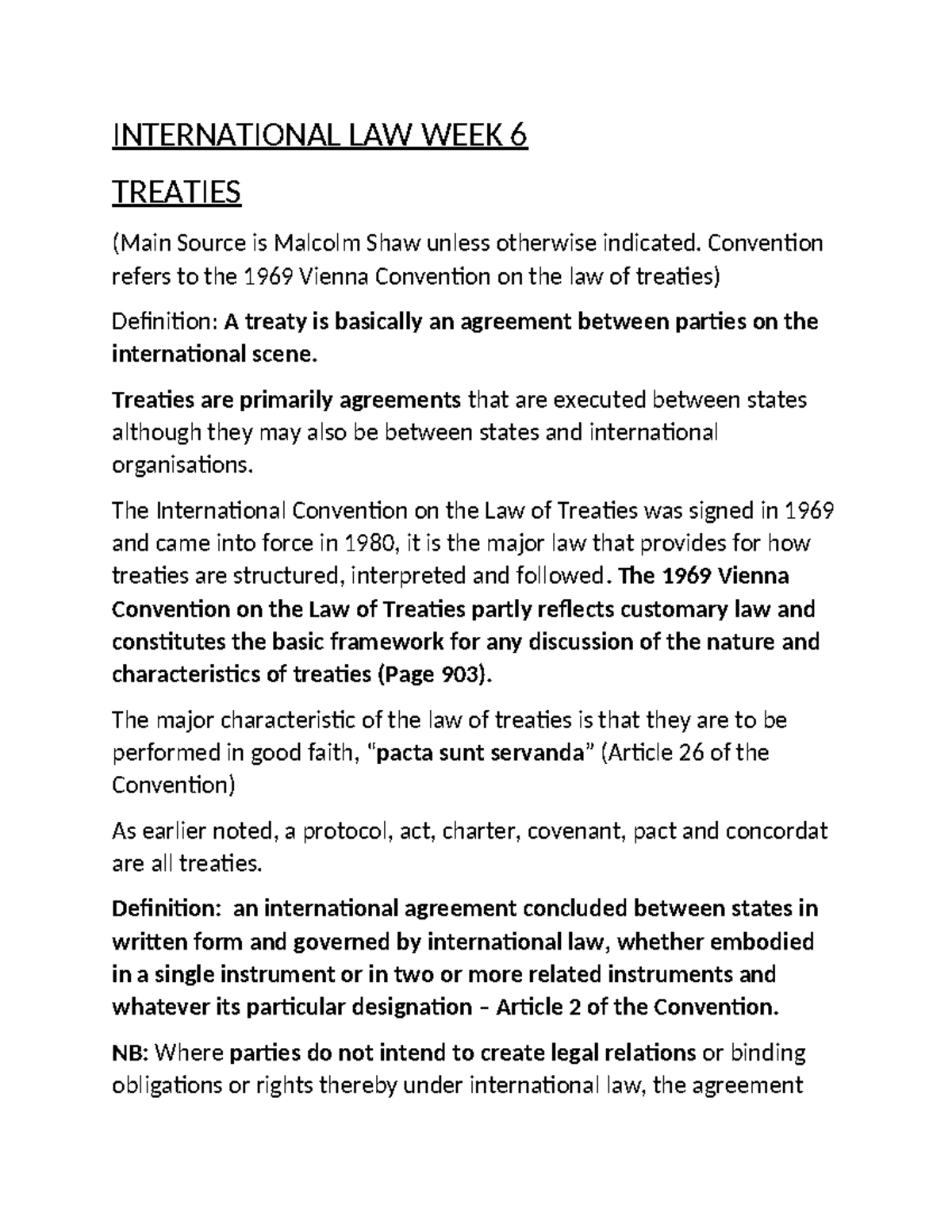 INTERNATIONAL LAW WEEK 6: TREATIES OVERVIEW AND ANALYSIS - Studocu