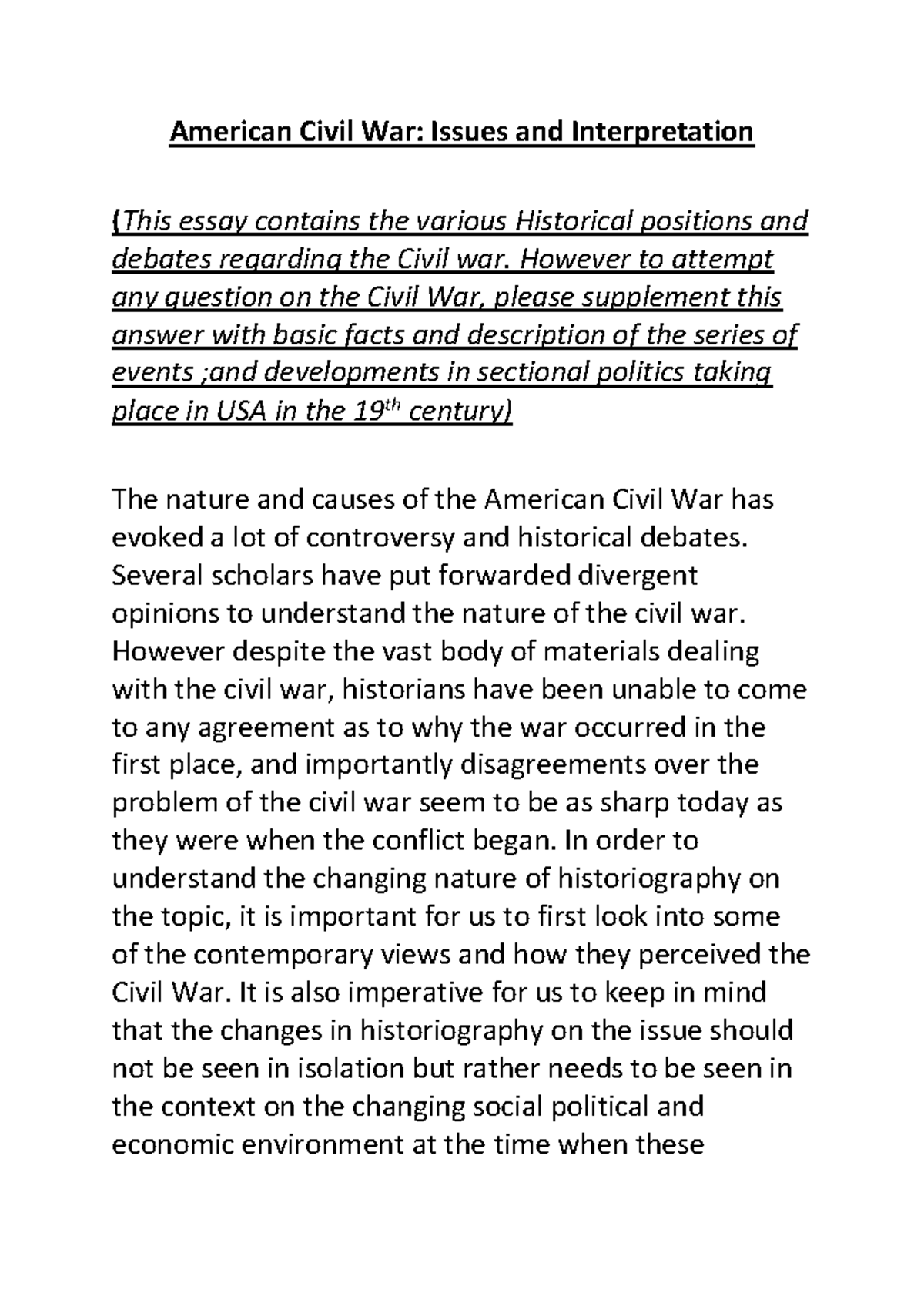 Historical Interpretations of the American Civil War Essay (HIST 101 ...