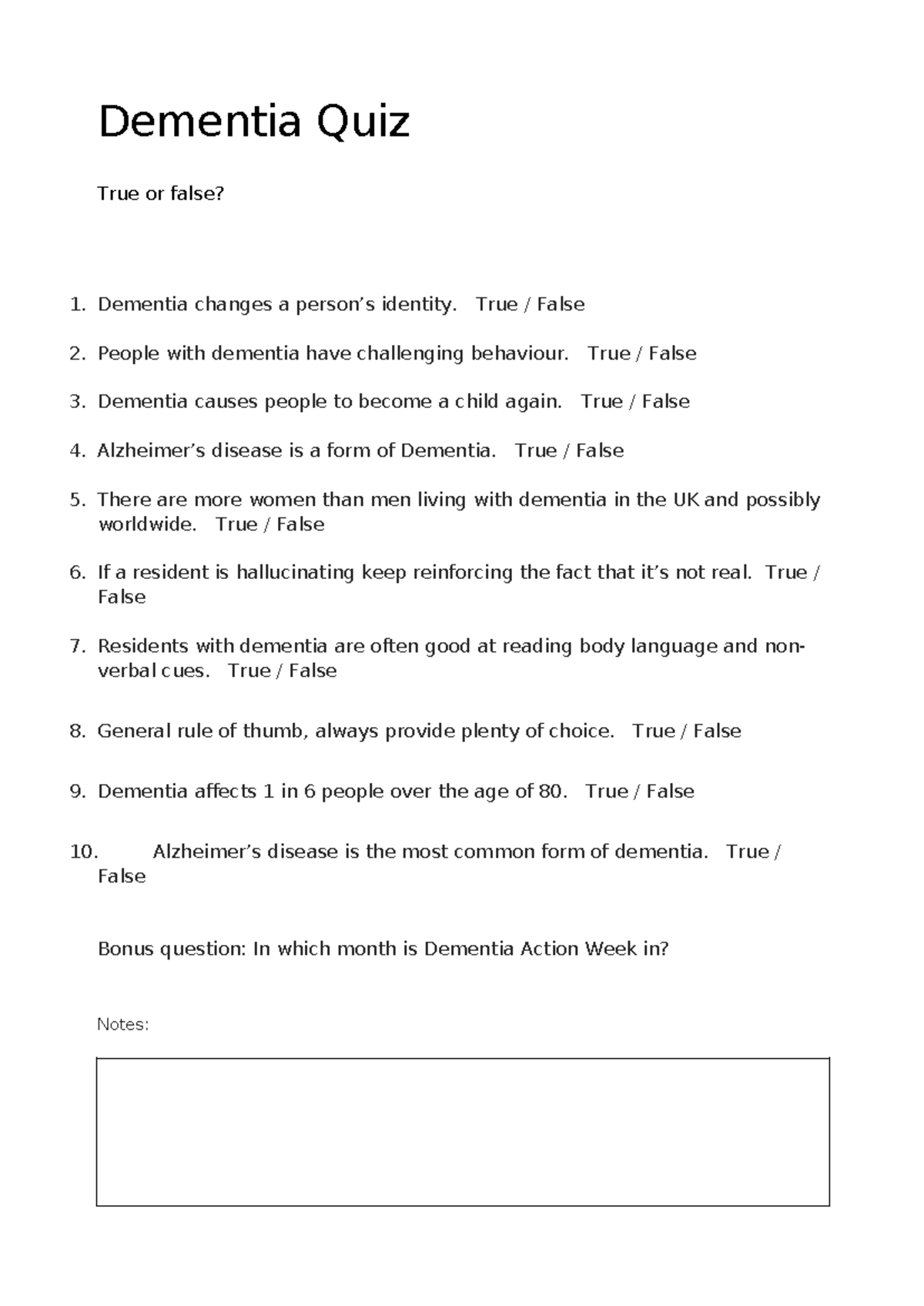 Dementia Quiz & Answers: Understanding Patient Behavior - Studocu