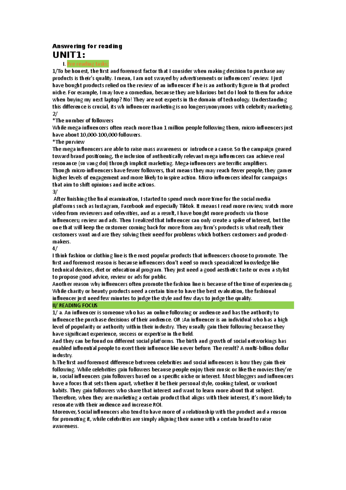 Unit 1 reading - nothing - Answering for reading UNIT1: I. Pre reading ...