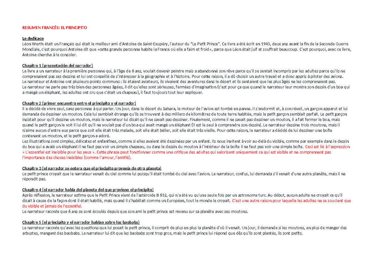 Résumé Français: Le Petit Prince - Analyse des Chapitres 1 à 27 - Studocu