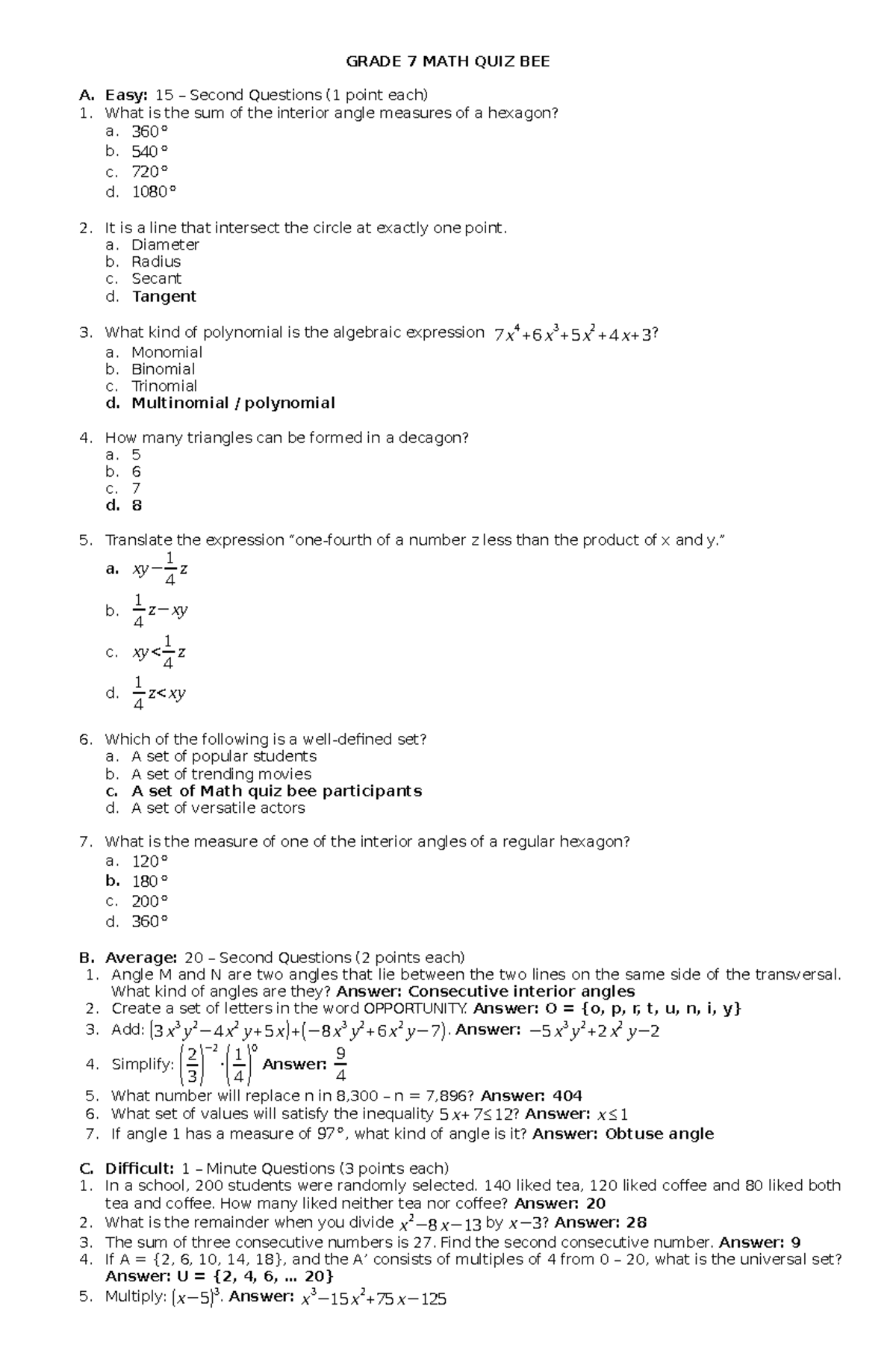 Final Grade 7 MATH QUIZ BEE 2024: Questions and Answers - Studocu