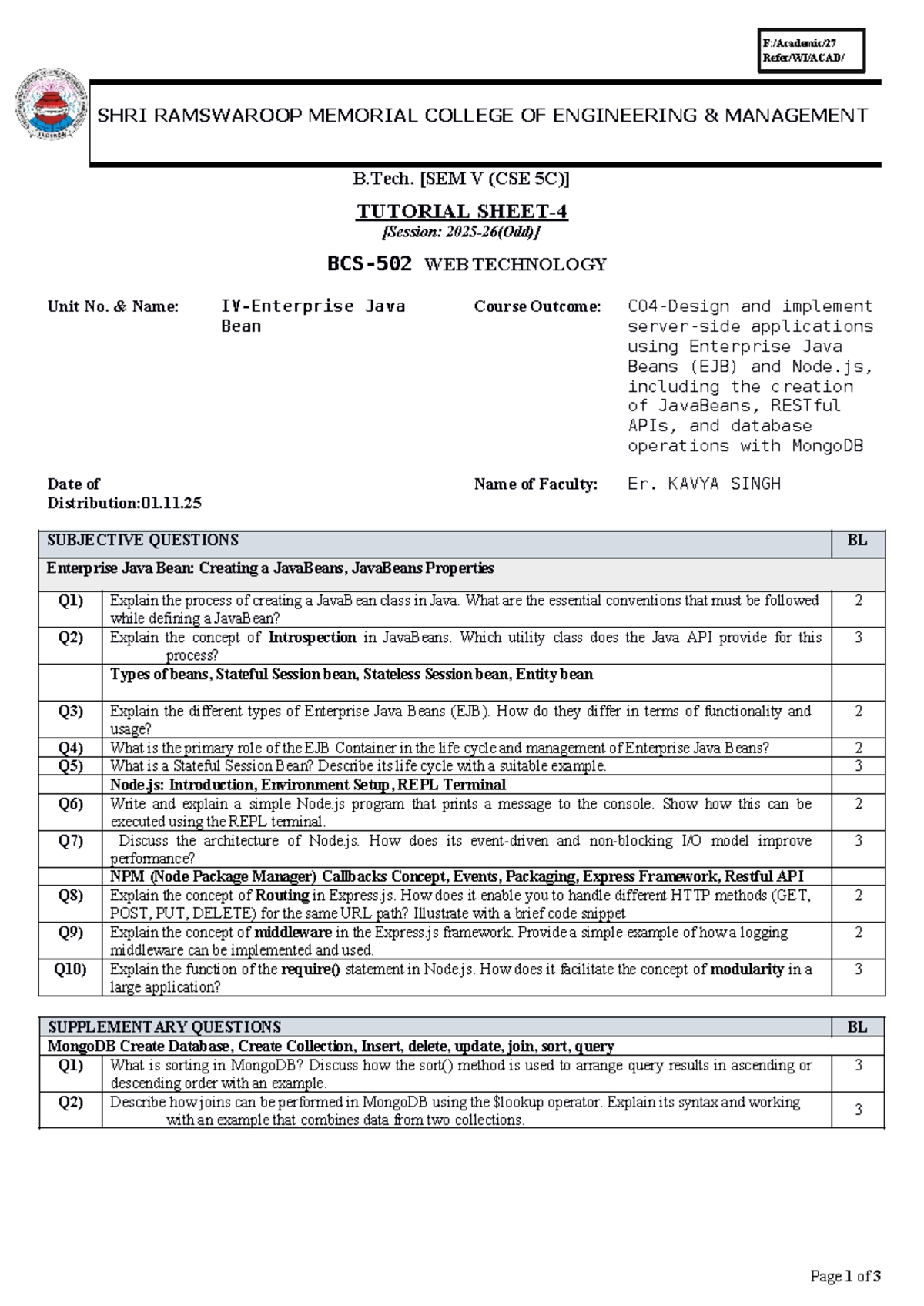 CSE T4 5C BCS 502 Tutorial: Java Beans & Node.js Concepts - Studocu