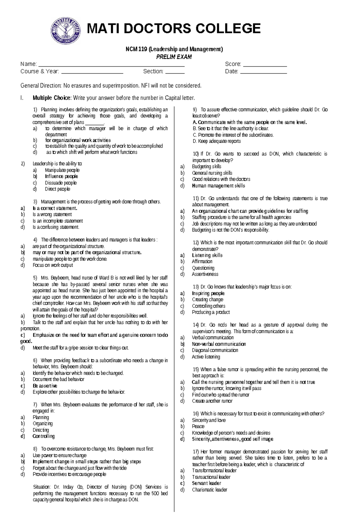 Prelim Exam Review for NCM 119: Leadership & Management 2024 - Studocu